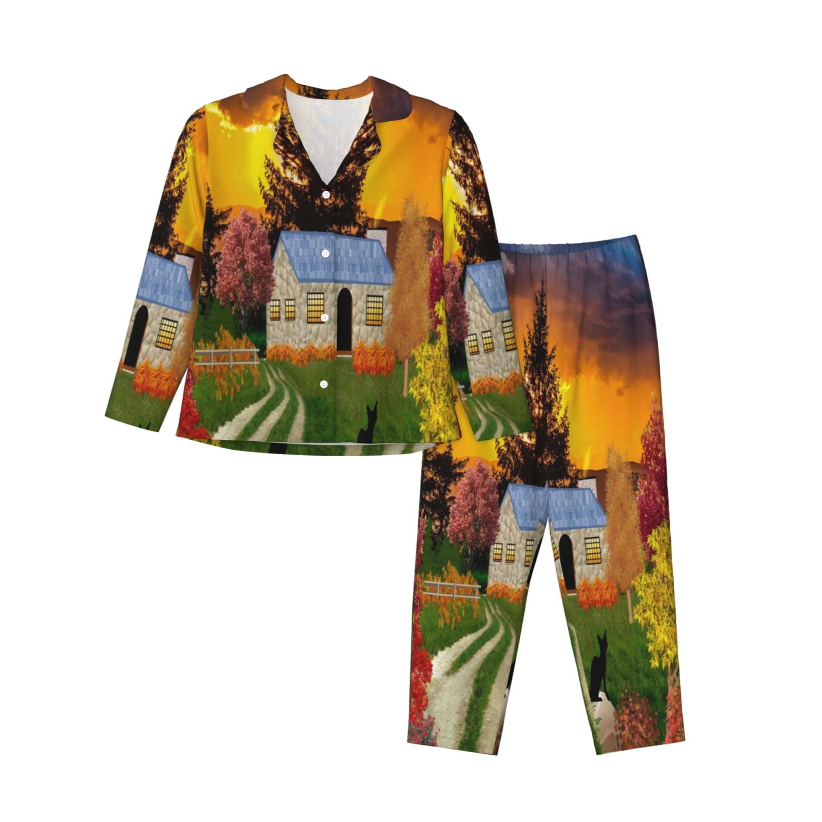 Xecao Fall Village Scenery Print Women Pajamas Set Soft Sleepwear Pjs ...