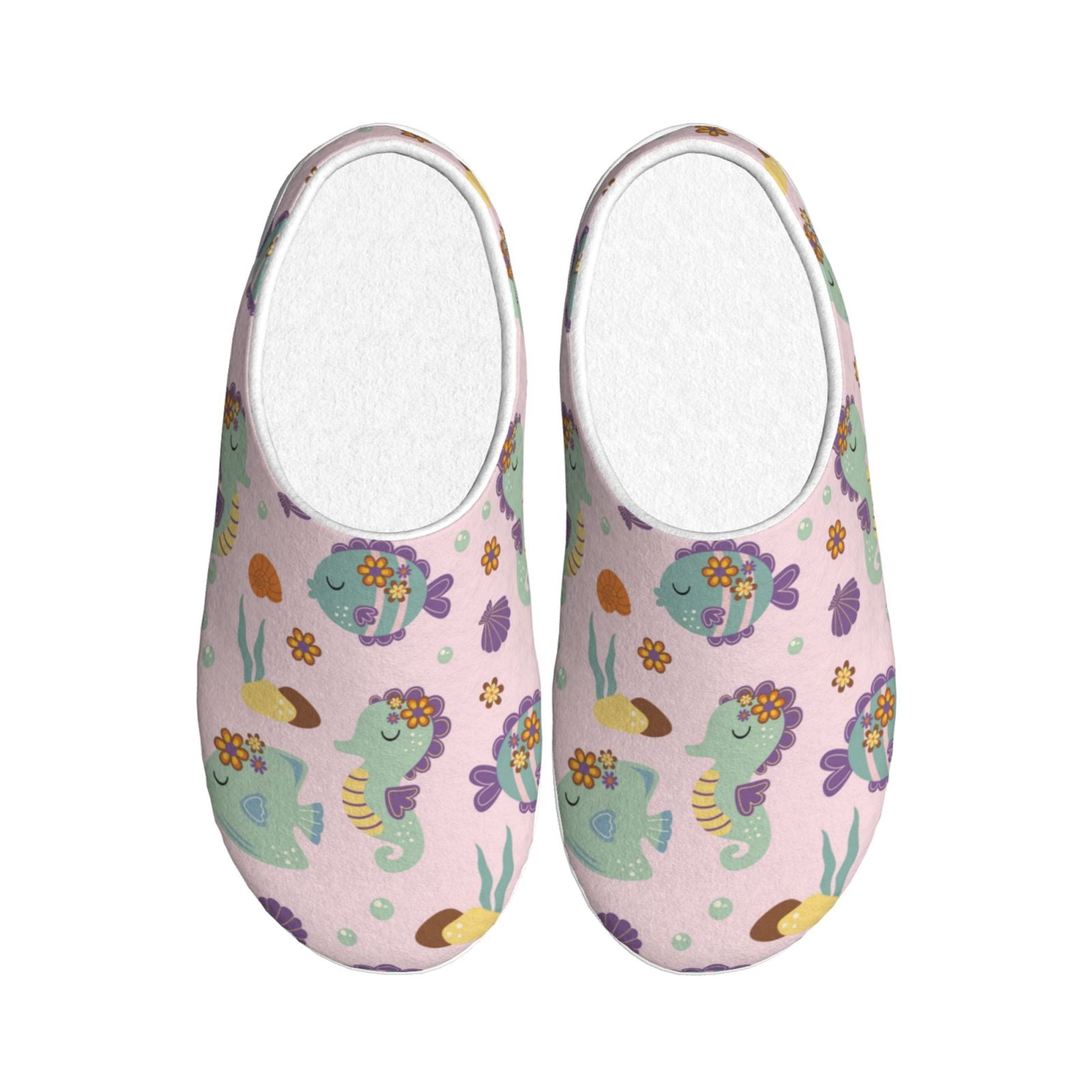 Xecao Fish Seahorse Print Cotton Slippers Fuzzy Warm Cozy Slippers Non ...