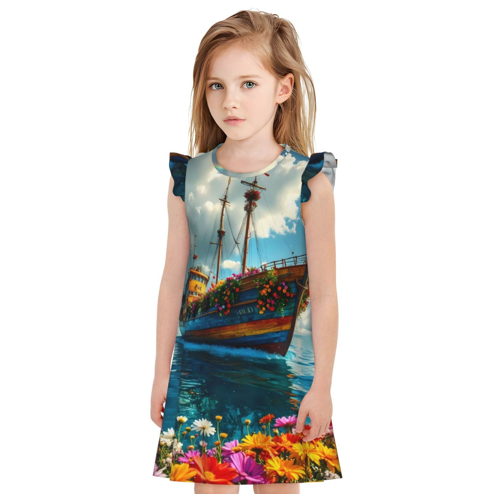 Xecao Floral Ship On Ocean Print Pajama Dresses for Girls, Princess ...
