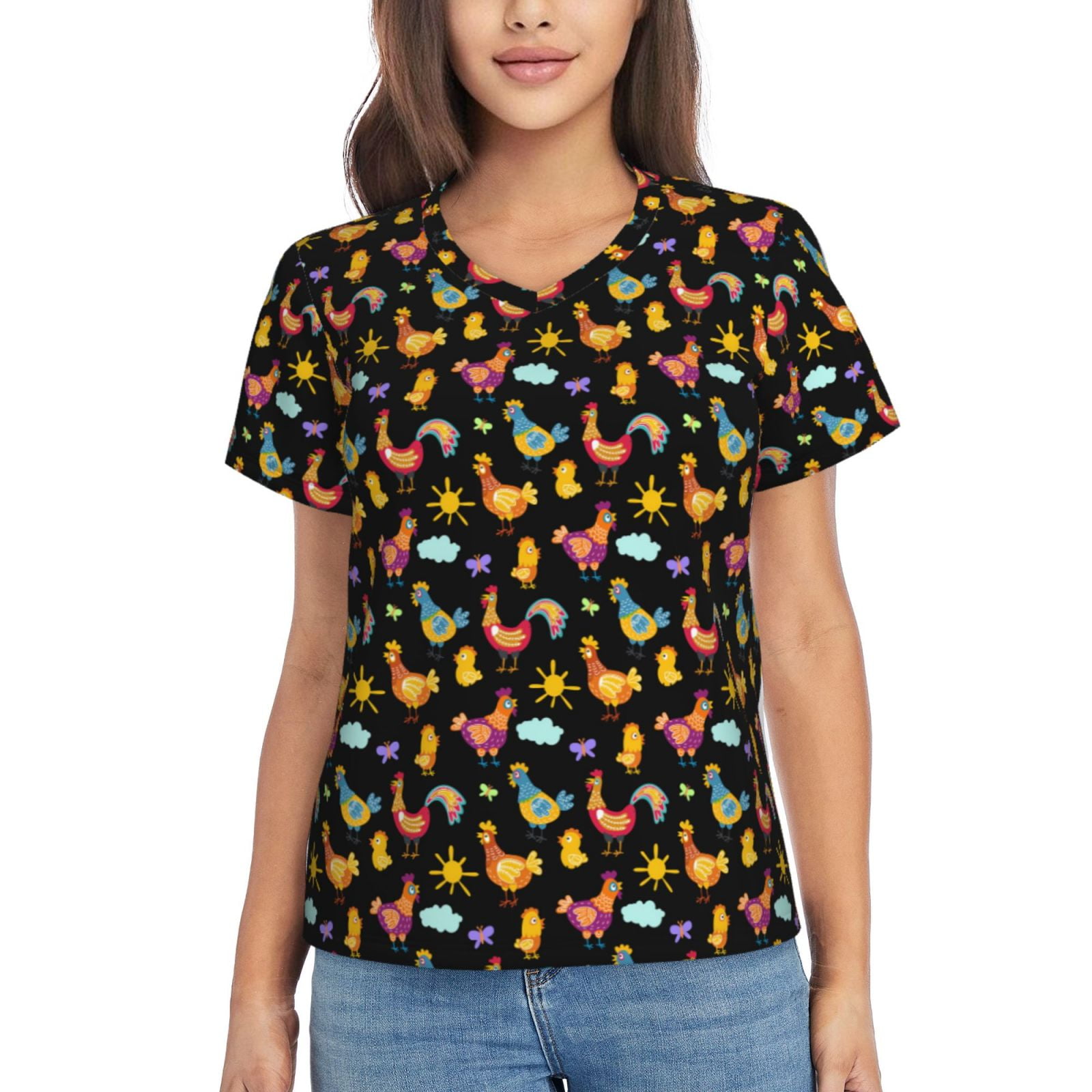Xecao Flowe Rooster for Women's V-Neck T-Shirts-Elegant Half-Sleeve ...