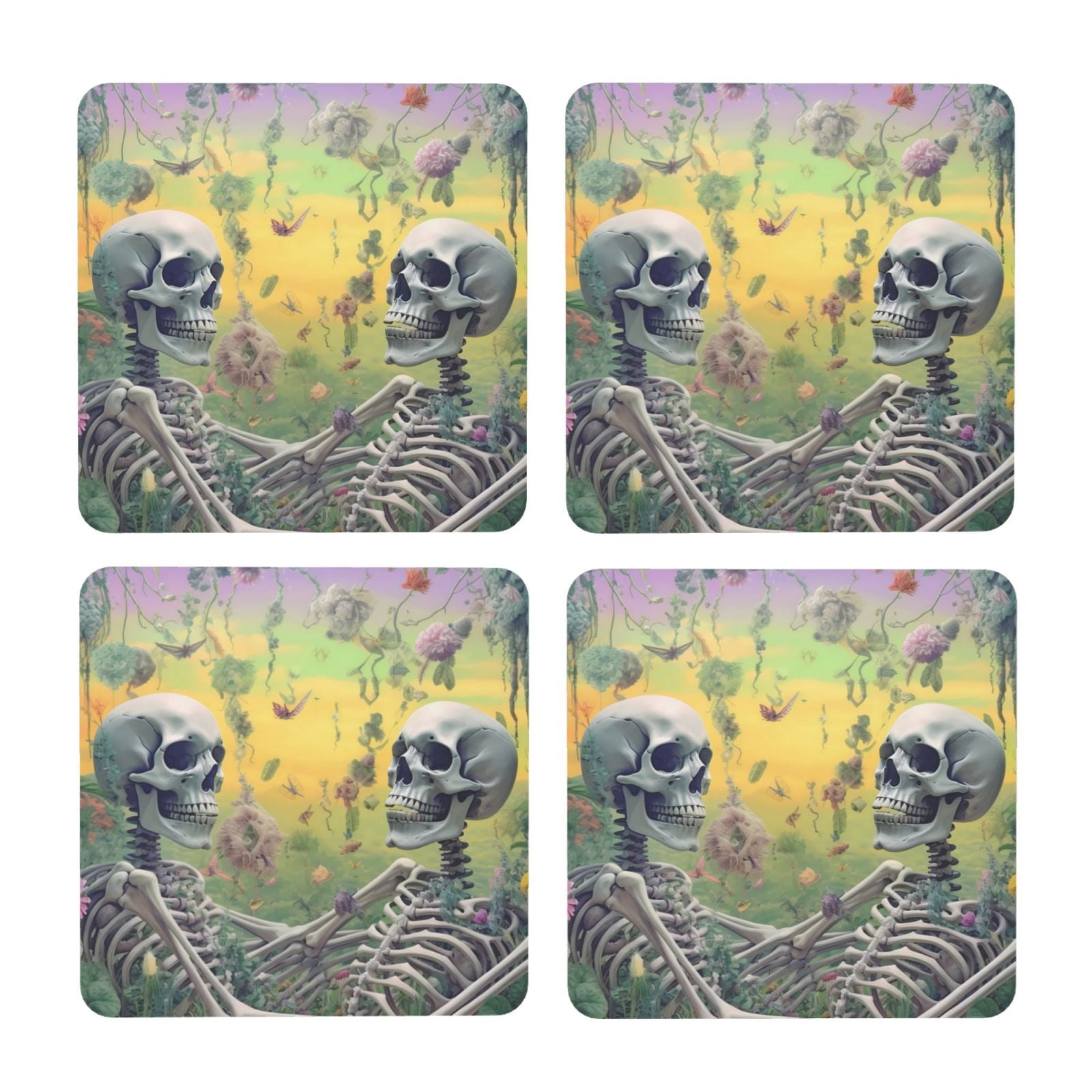 Xecao Flower Butterfly Skull Couple for MDF Cork Coaster 4 Pcs,Drink ...