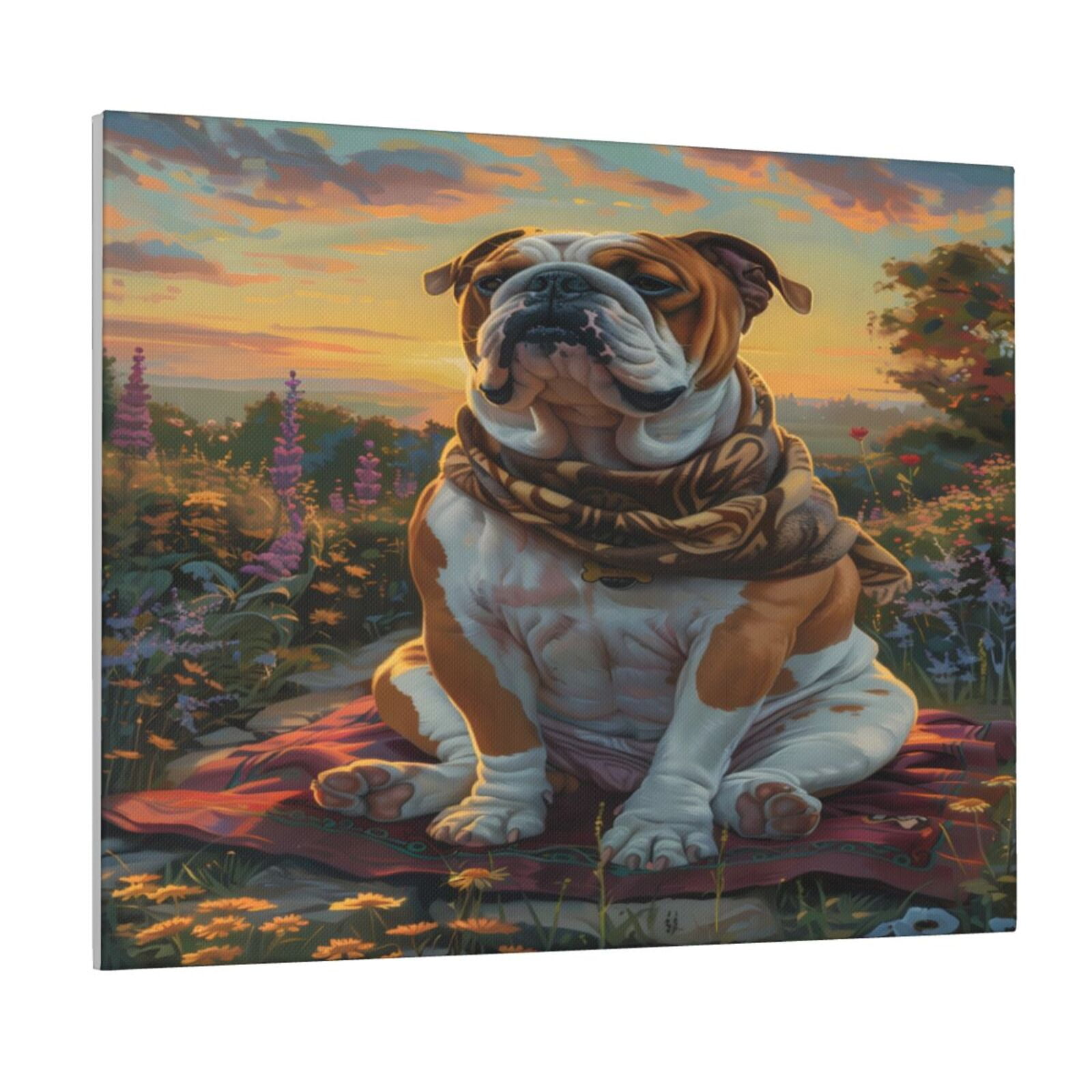 Xecao Flower Field Cute Bulldog for Waterproof Framed Canvas Art ...