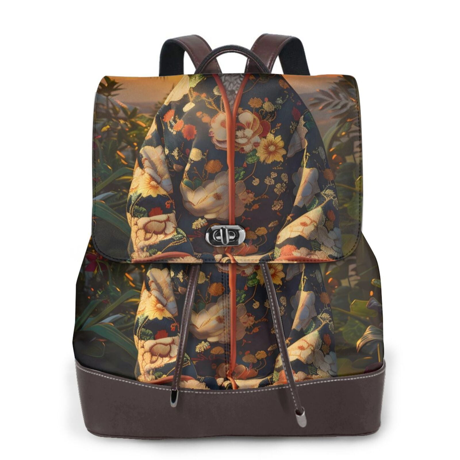 Xecao Flower Field Poodle Print Large Backpack Soft Leather for Women ...
