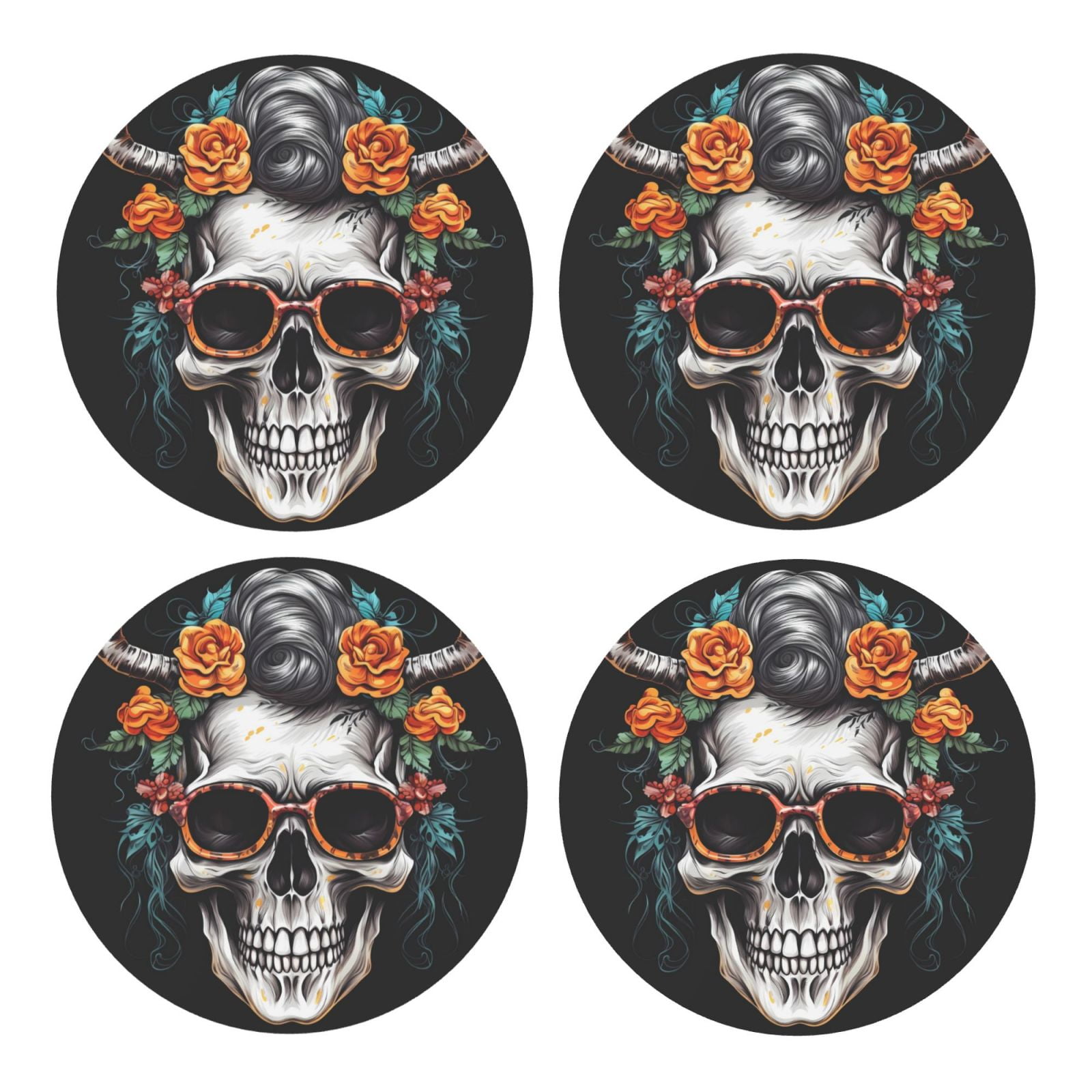 Xecao Flower Horn Skull A for MDF Cork Coaster 4 Pcs,Drink Coasters ...