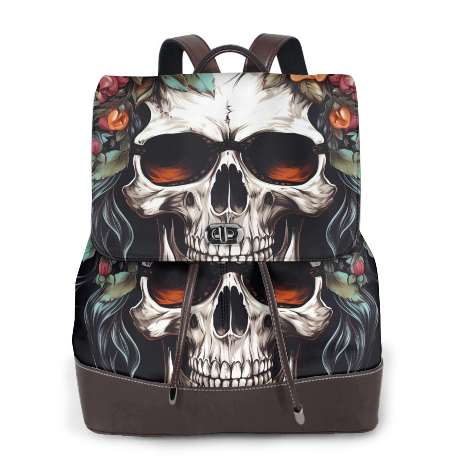 Xecao Flower Horn Skull Print Large Backpack Soft Leather for Women ...