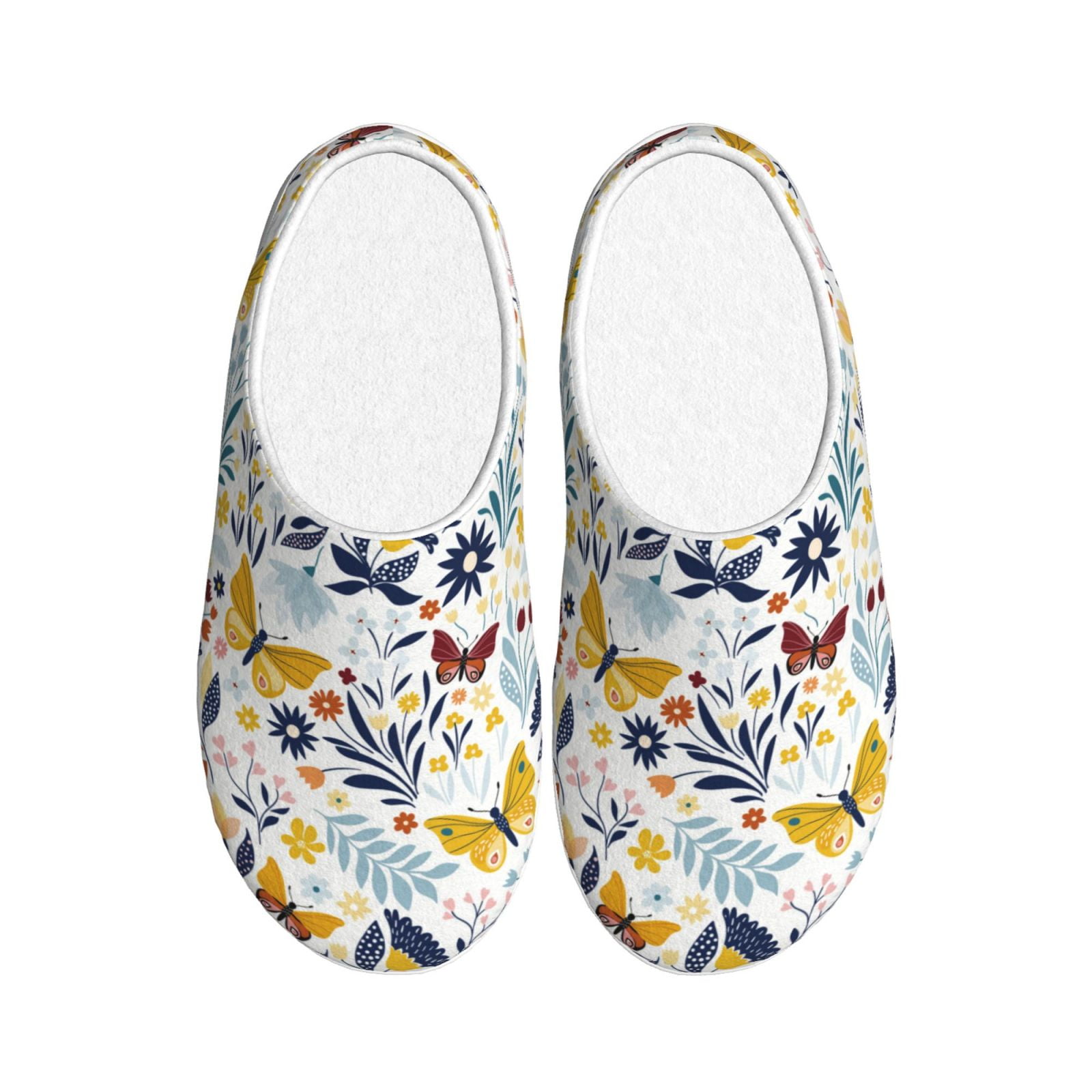 Xecao Flowers Butterfly Print Cotton Slippers Fuzzy Warm Cozy Slippers ...