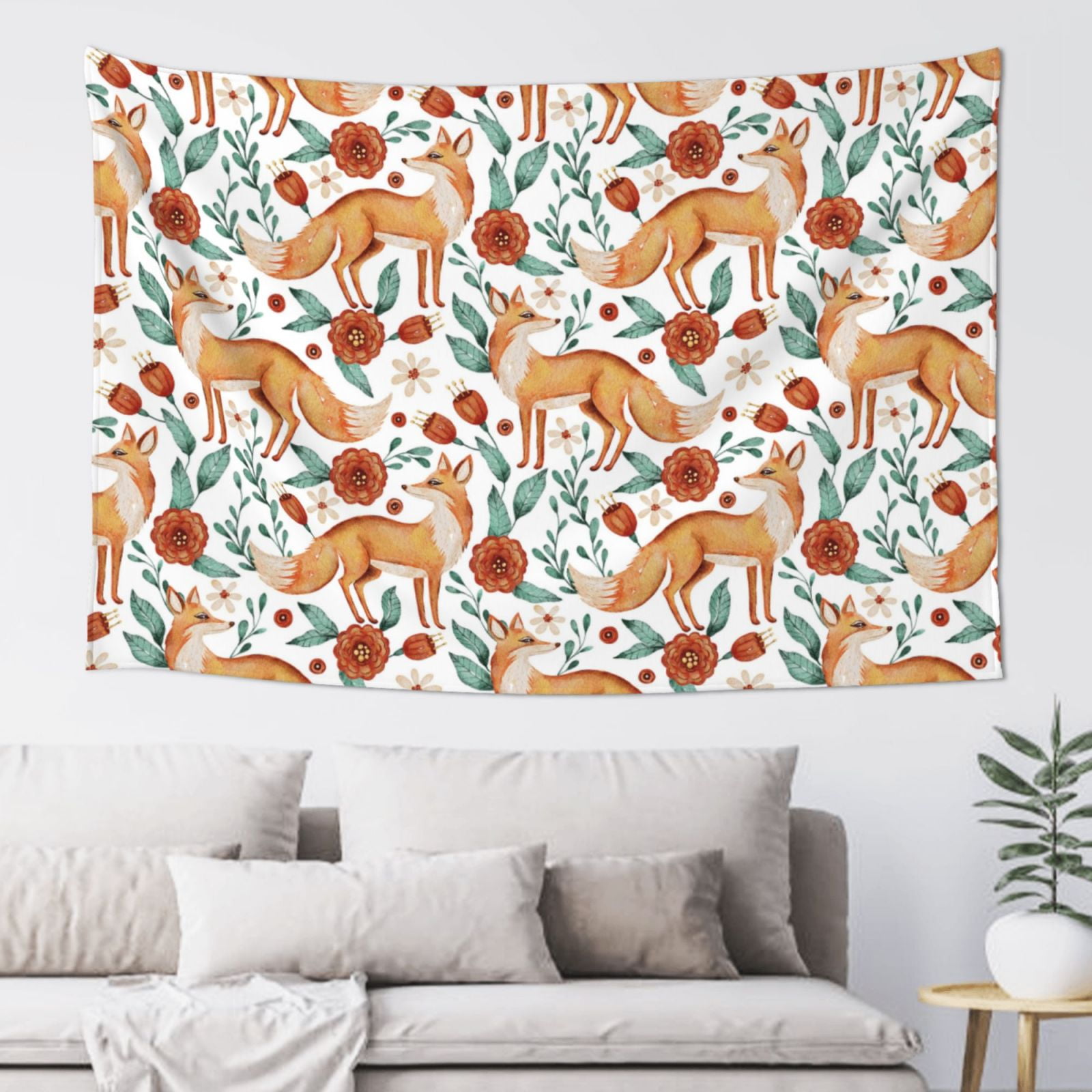 Xecao Foxes and Floral Harmony Print Tapestry, Wall Hanging Room Funny Decor, Backdrop Room ...