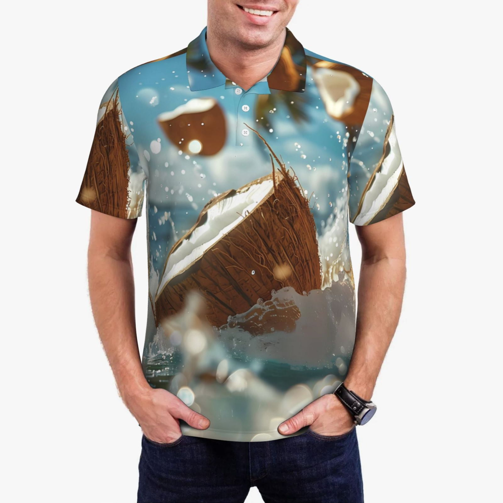 Xecao Fresh Coconut Splash Mens' Casual Short Sleeve Button-Down Polo ...