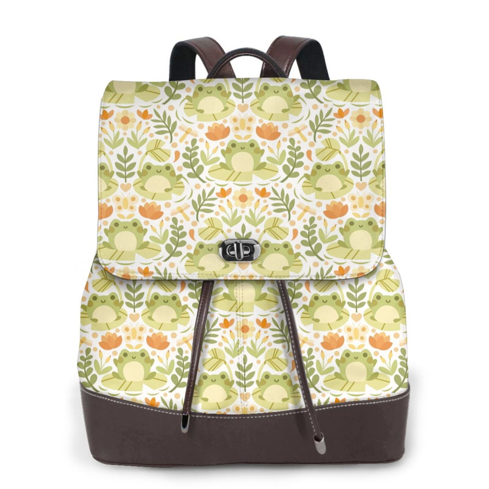 Xecao Frogs And Botanical Print Large Backpack Soft Leather for Women ...