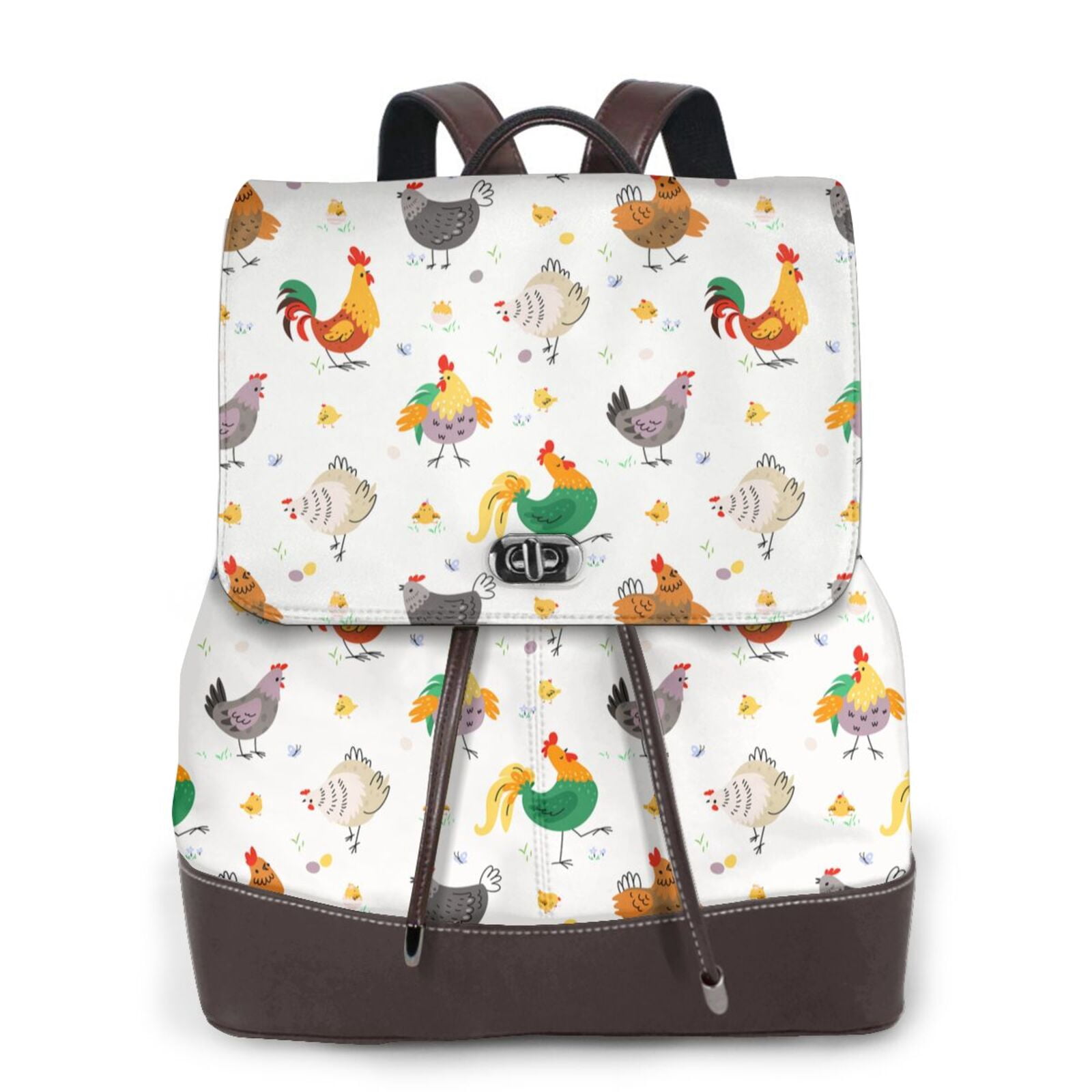 Xecao Funny Chicken Print Large Backpack Soft Leather for Women Travel ...