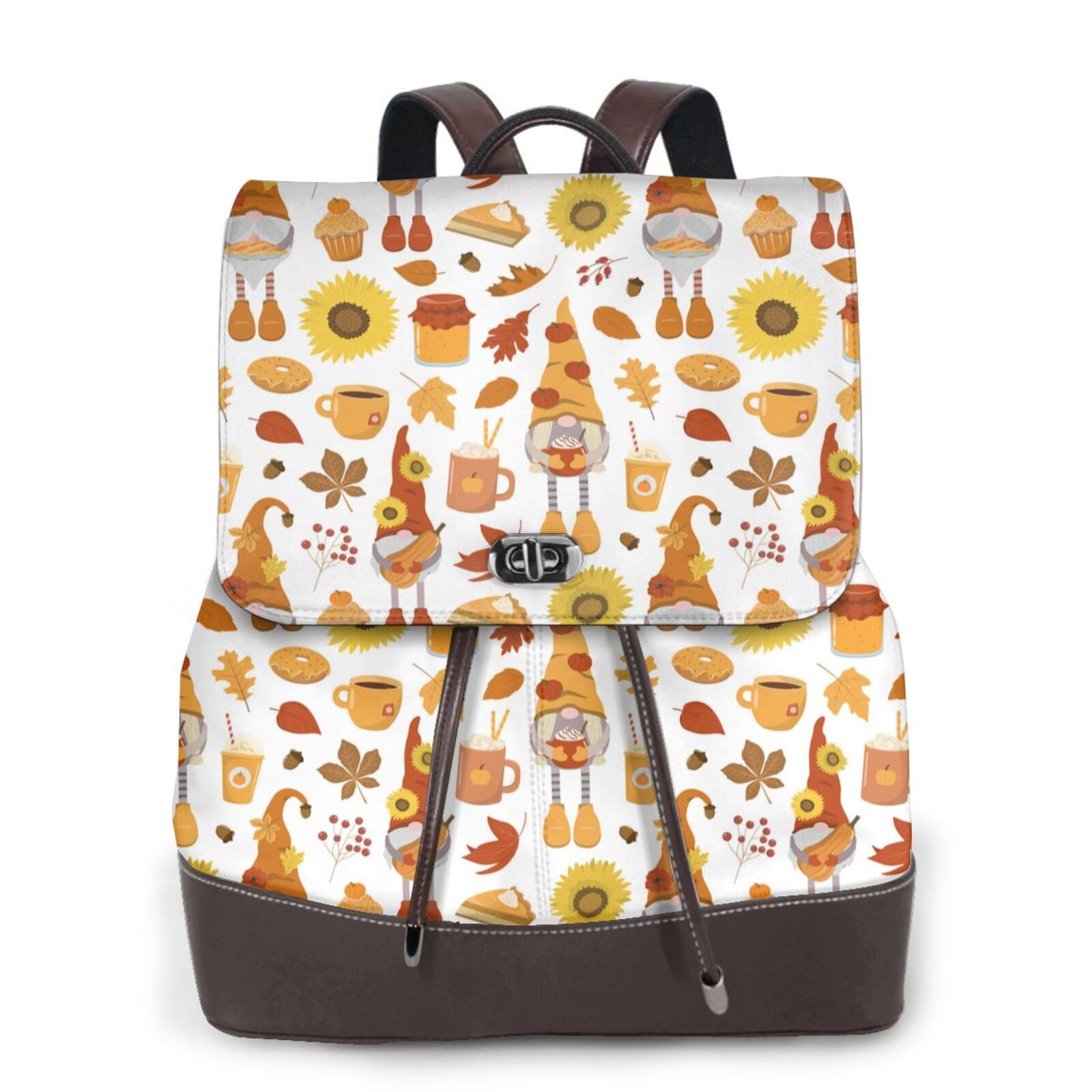 Xecao Gnomes Autumn Harvest Print Large Backpack Soft Leather for Women ...