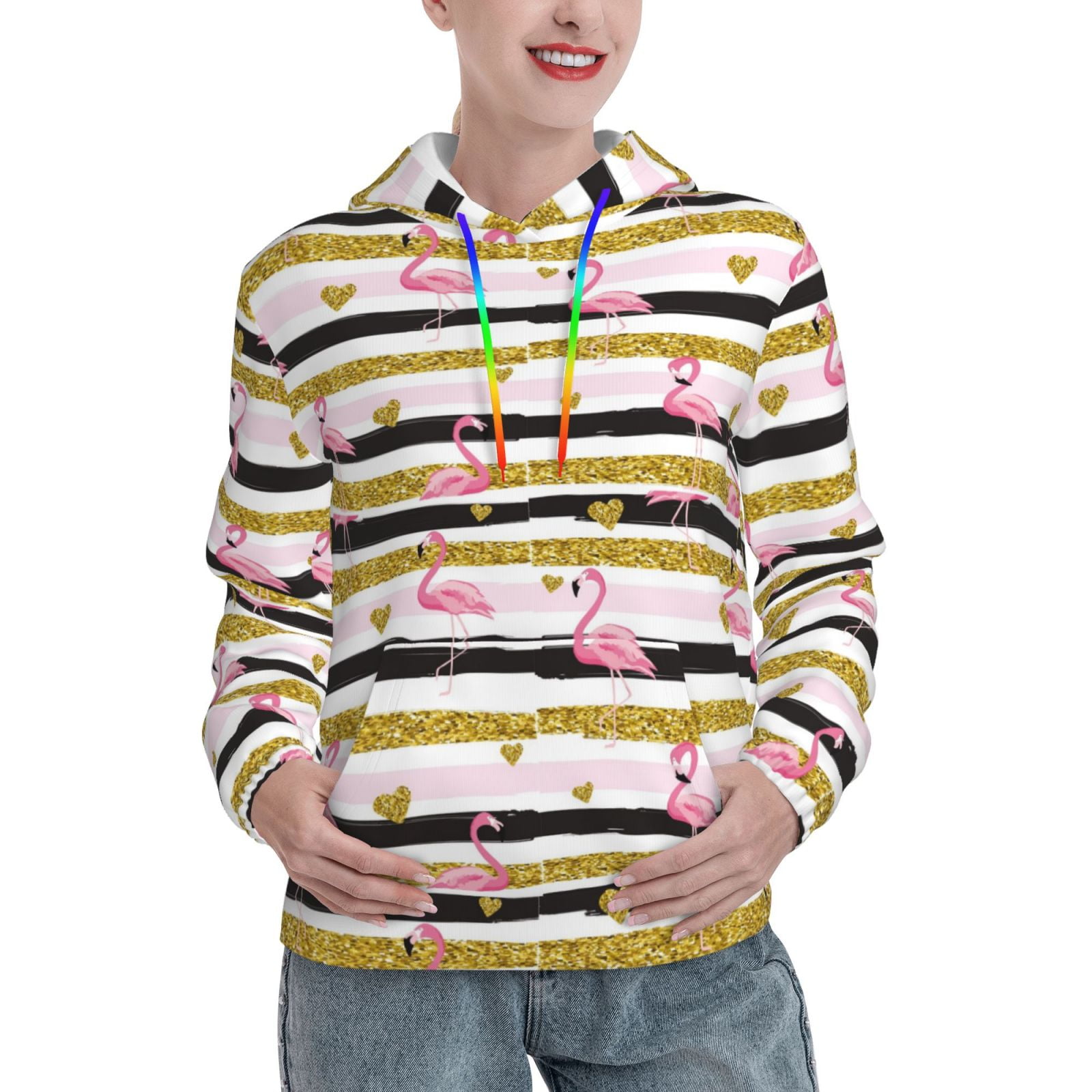 Xecao Gold Glittering Hearts and Flamingos Pattern Hoodies for Women ...