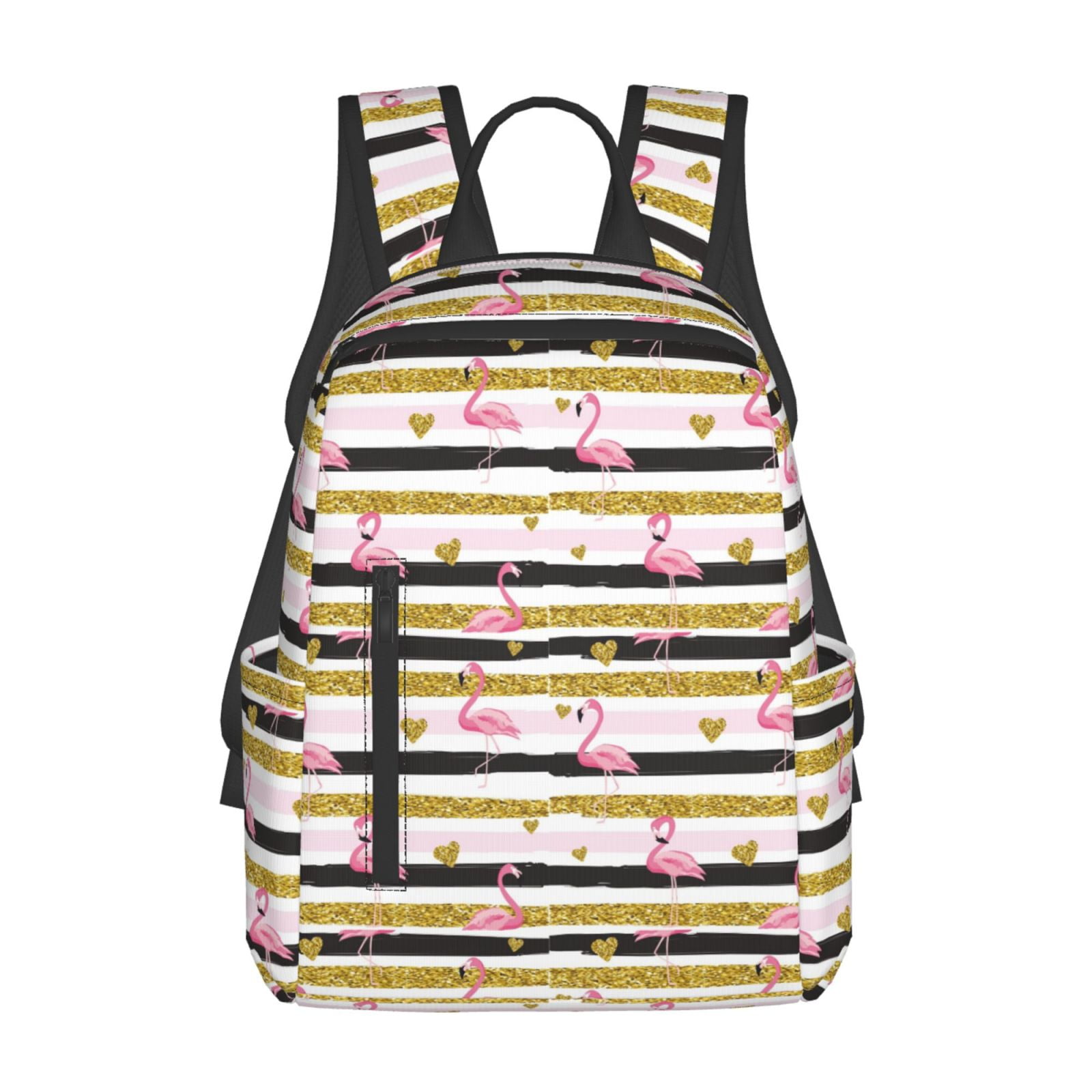 Xecao Gold Glittering Hearts and Flamingos print Backpack For women men ...
