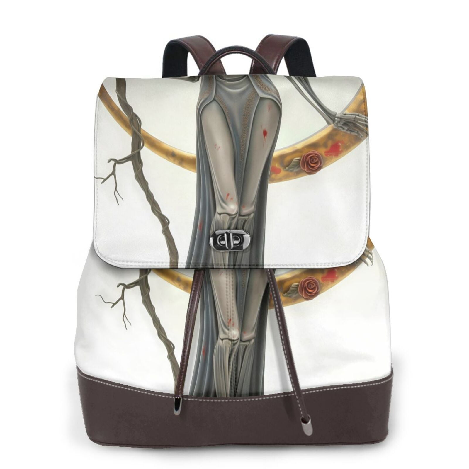 Xecao Gothic Skeleton With Roses Print Large Backpack Soft Leather for ...