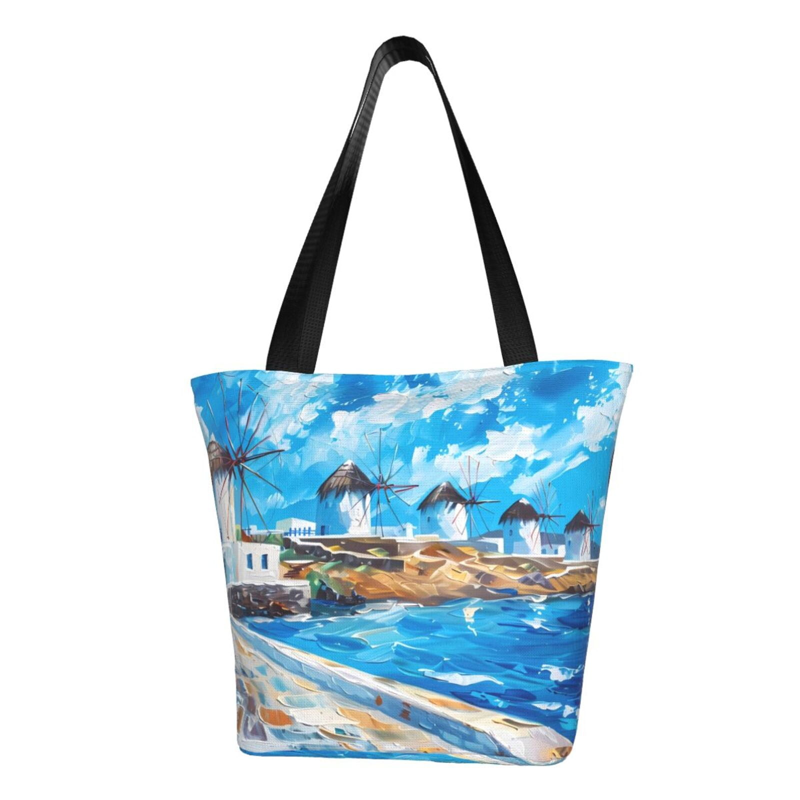 Xecao Greek Island Windmills Painting for Tote Bag for Women -Tote Shoulder Bag with A Little ...