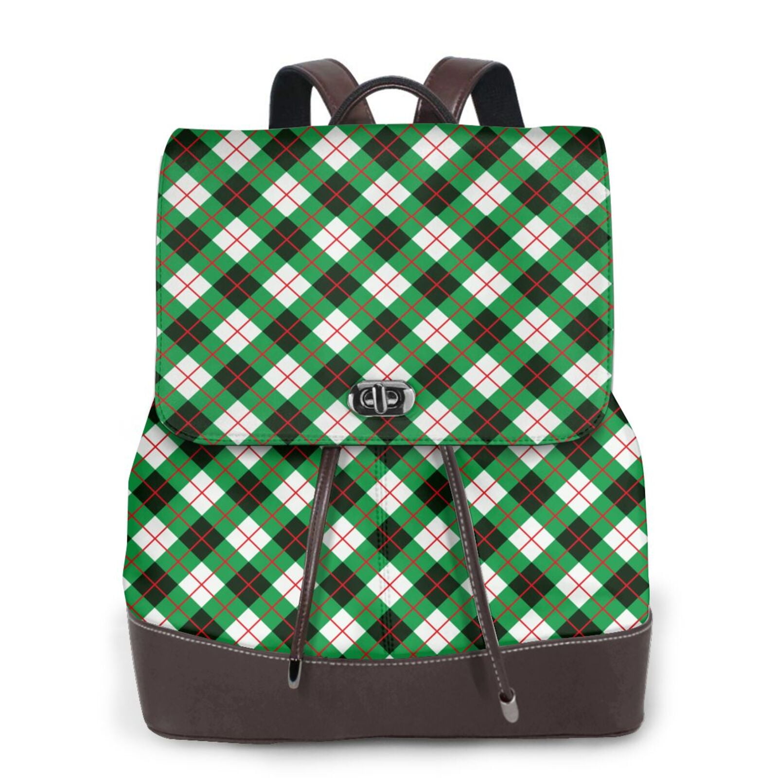 Xecao Green Argyle Plaid Print Large Backpack Soft Leather for Women Travel with Compartment ...