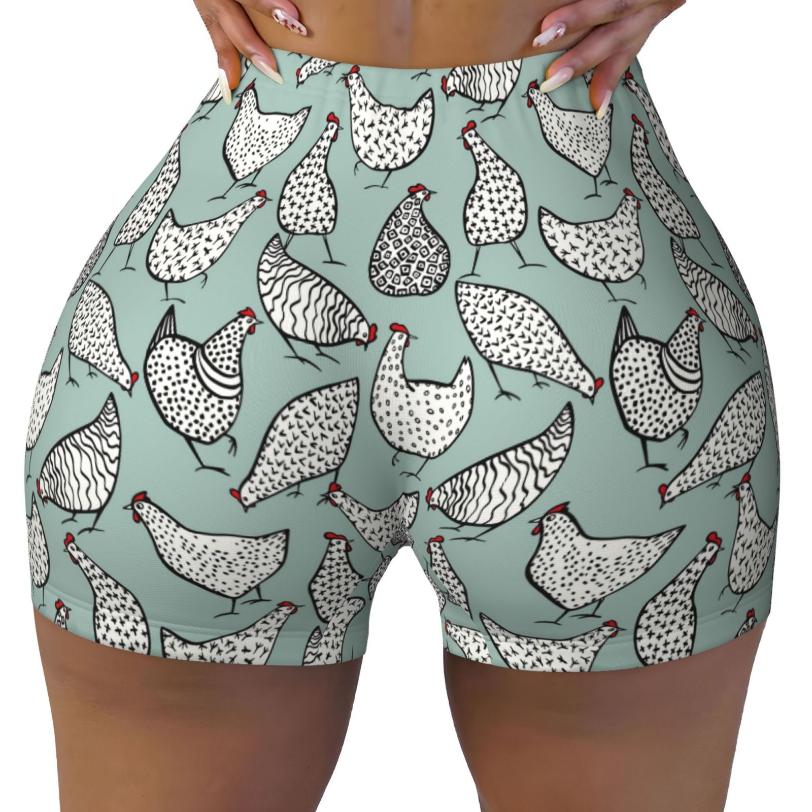 Xecao Hand Drawn Chickens Print Workout Shorts for Women Soft Smooth ...