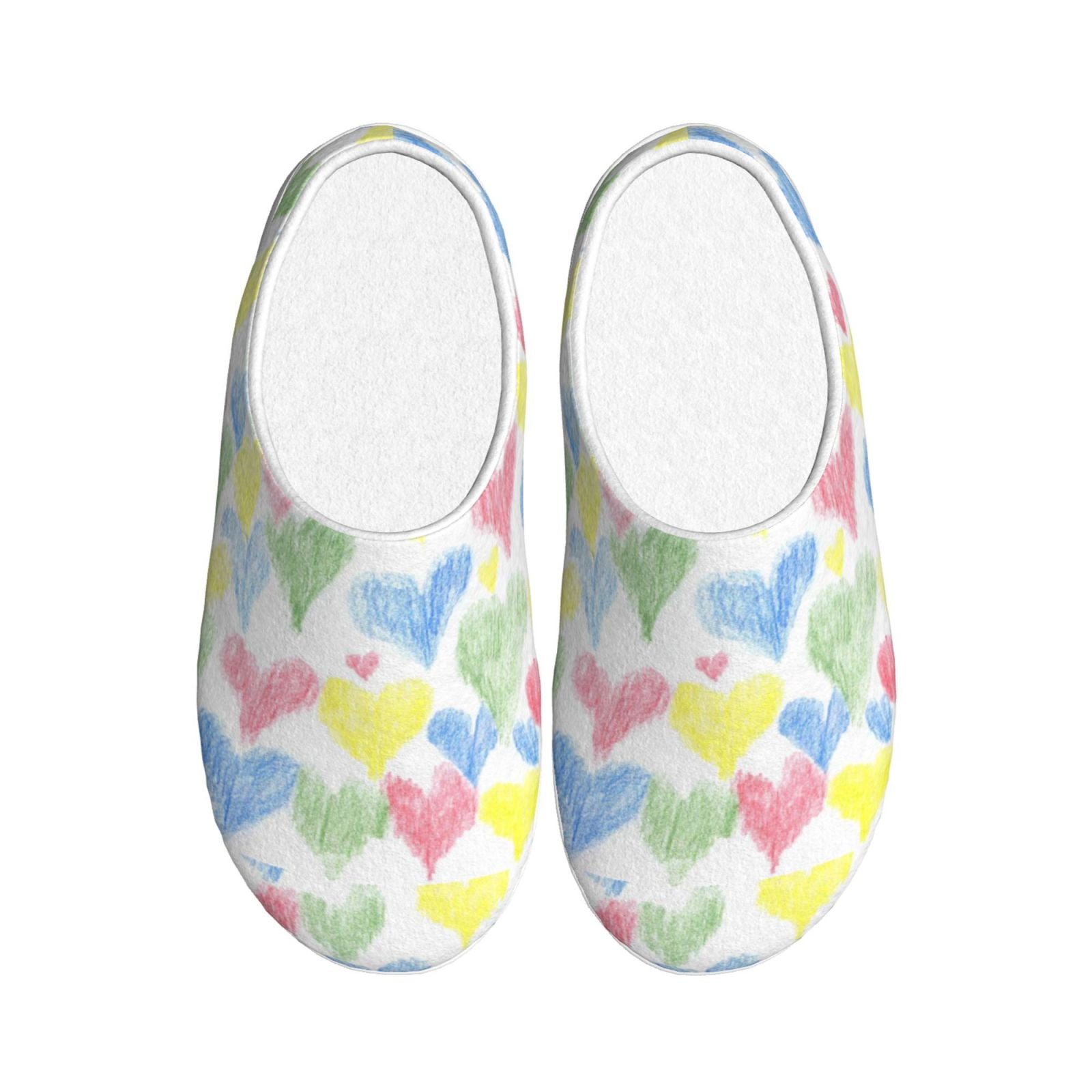 Xecao Hand Drawn Colored Hearts Print Cotton Slippers Fuzzy Warm Cozy ...