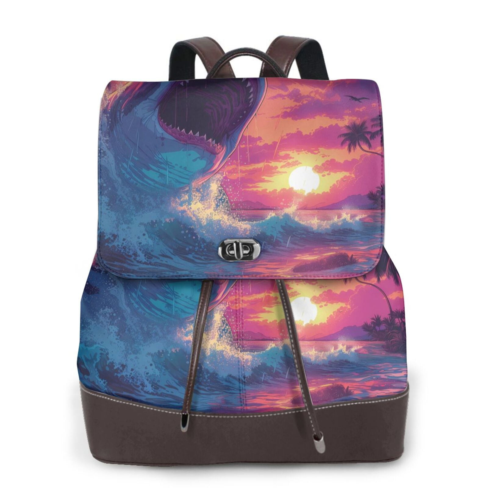 Xecao Hawaiian Island Beach Shark Print Large Backpack Soft Leather for ...