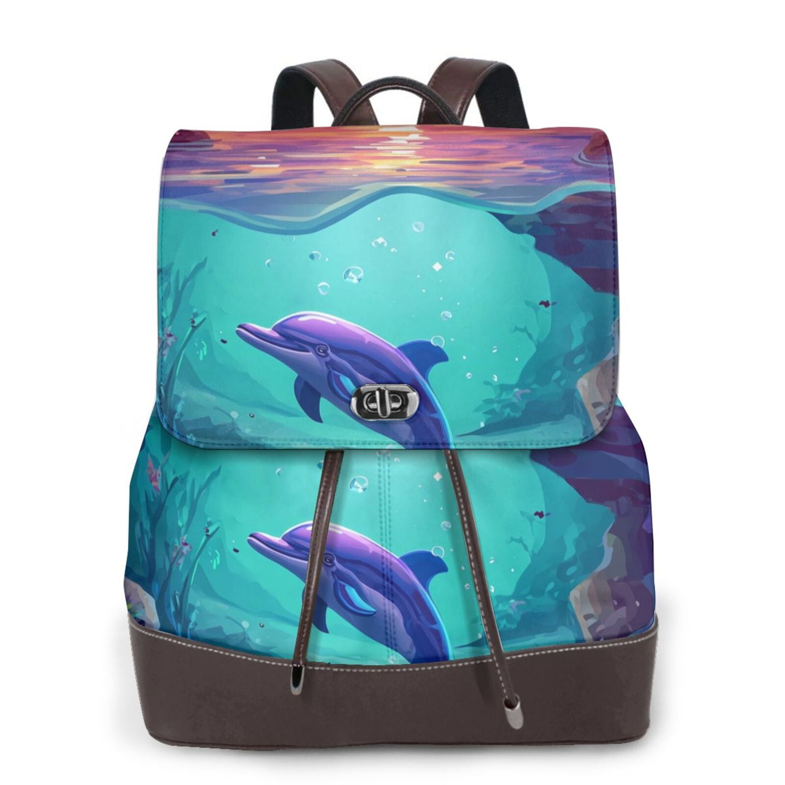 Xecao Hawaiian Island Dolphin Print Large Backpack Soft Leather for ...