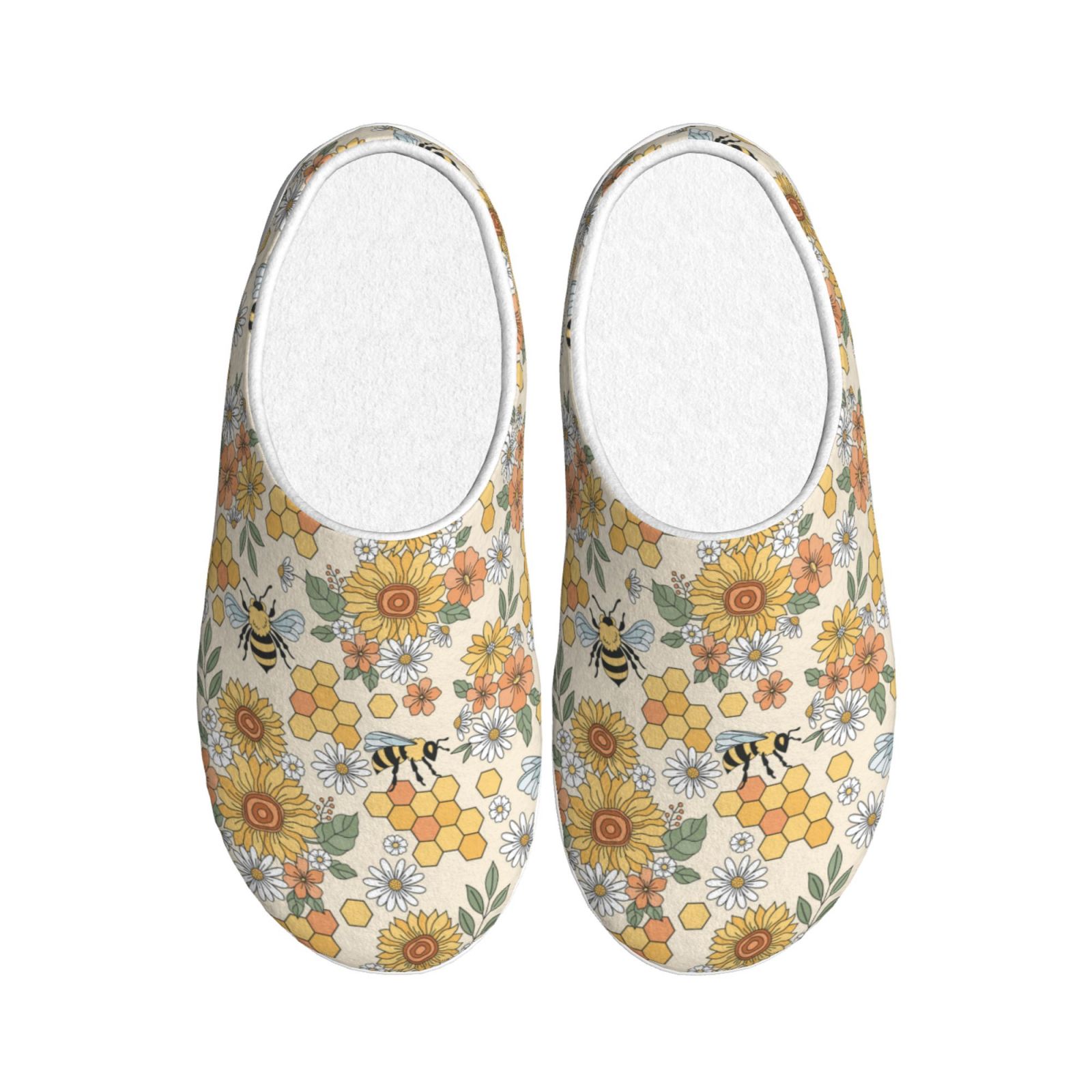Xecao Hippie Bee Honeycomb Print Cotton Slippers Fuzzy Warm Cozy ...