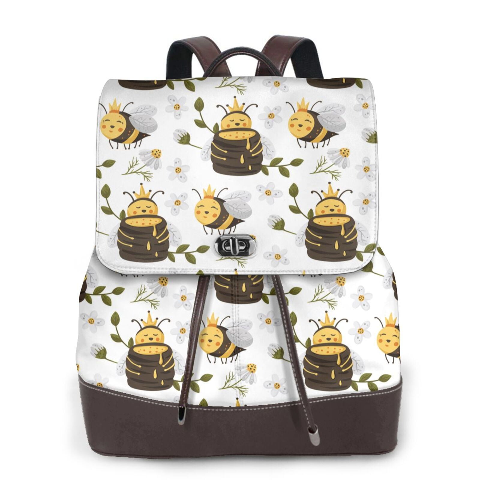 Xecao Honey Bee Insect Print Large Backpack Soft Leather for Women ...