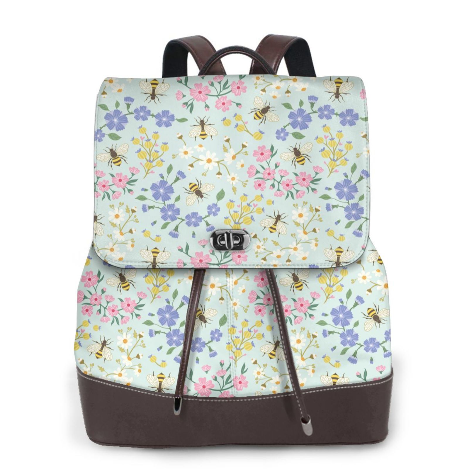 Xecao Honey Bees And Flowers Print Large Backpack Soft Leather for ...