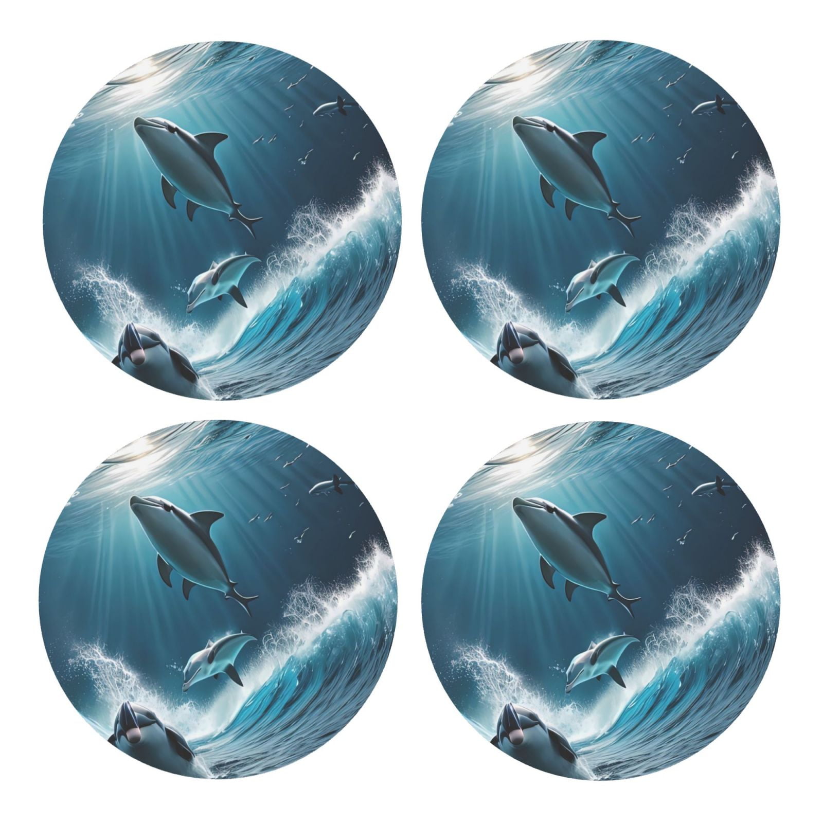 Xecao Ice Blue Ocean Cute Dolphin A for MDF Cork Coaster 4 Pcs,Drink ...