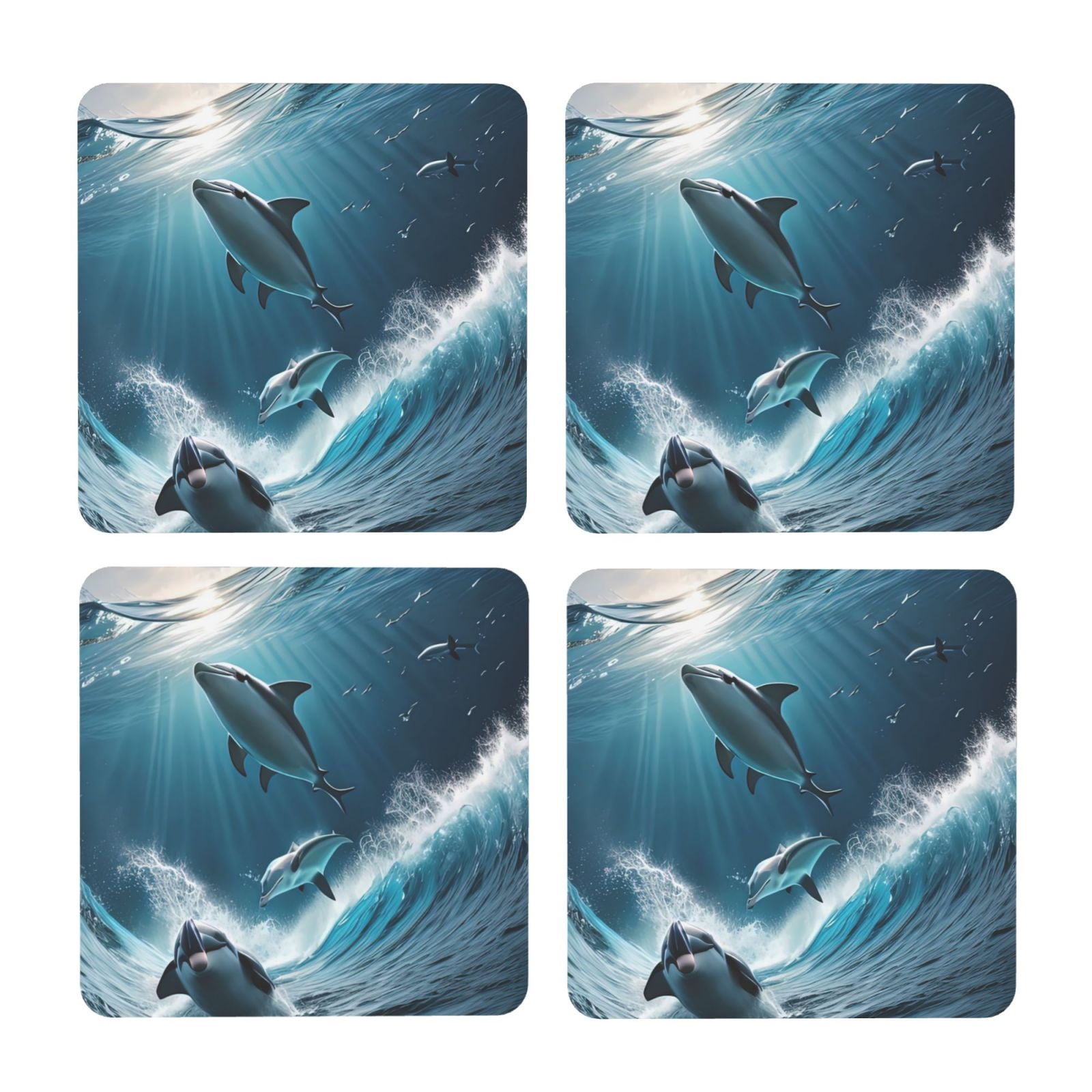 Xecao Ice Blue Ocean Cute Dolphin A for MDF Cork Coaster 4 Pcs,Drink ...
