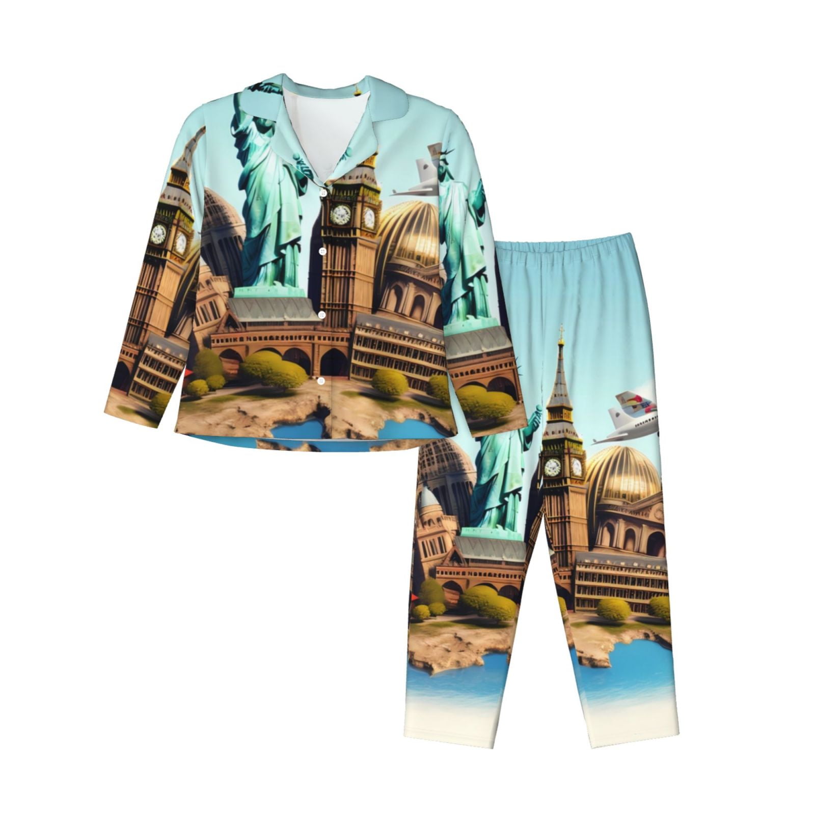 Xecao Iconic Global Landmarks Print Women Pajamas Set Soft Sleepwear ...
