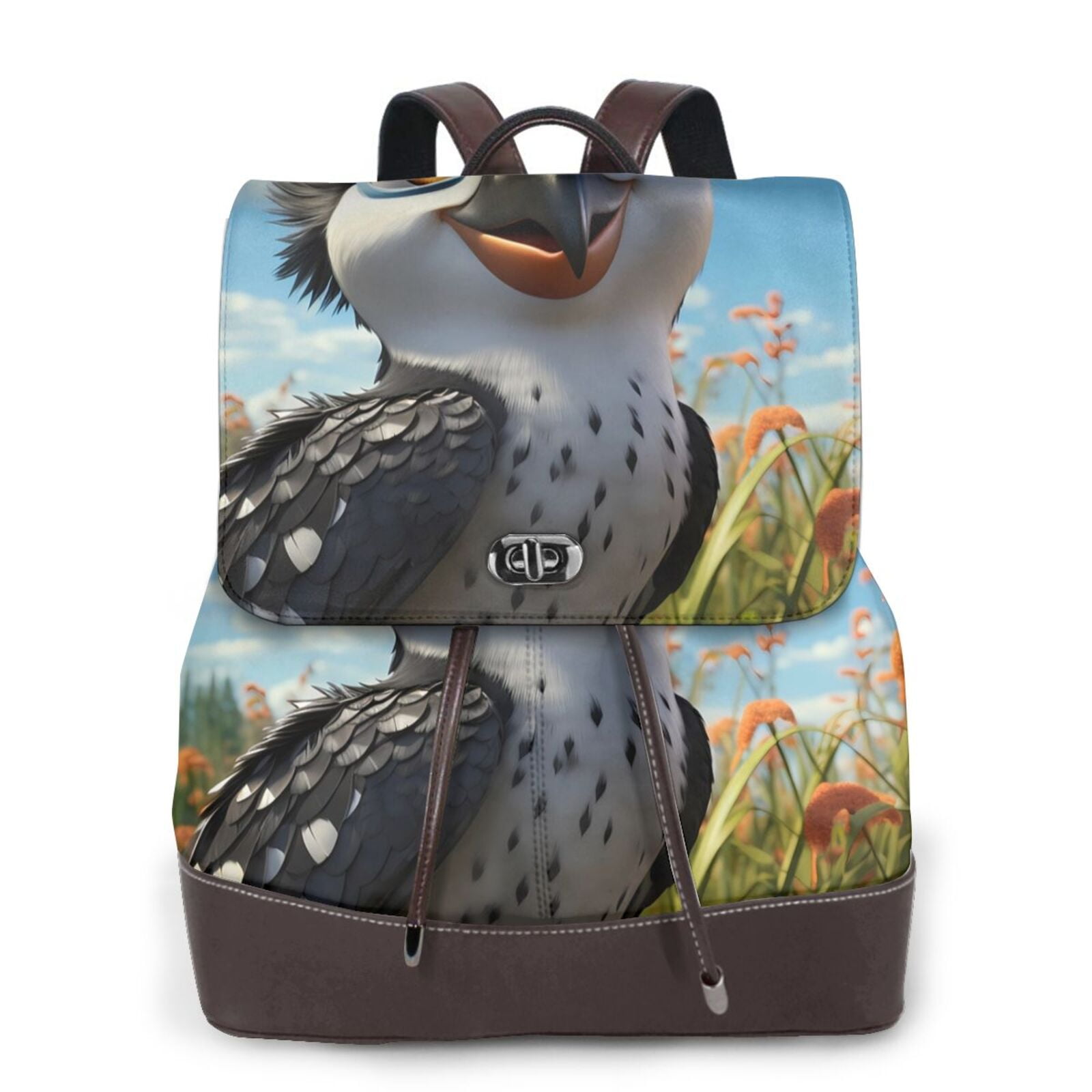 Xecao Joyful Animated Bird Print Large Backpack Soft Leather for Women ...