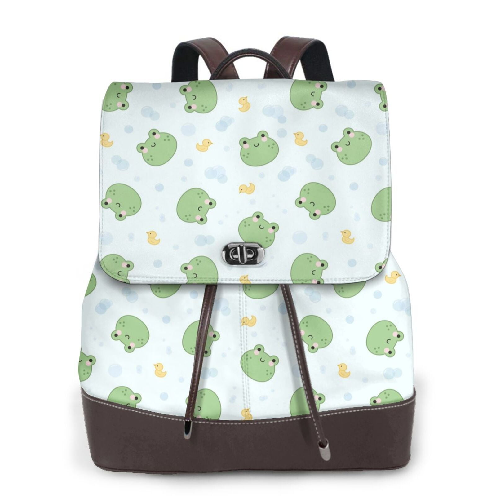 Xecao Kawaii Frogs Print Large Backpack Soft Leather for Women Travel ...