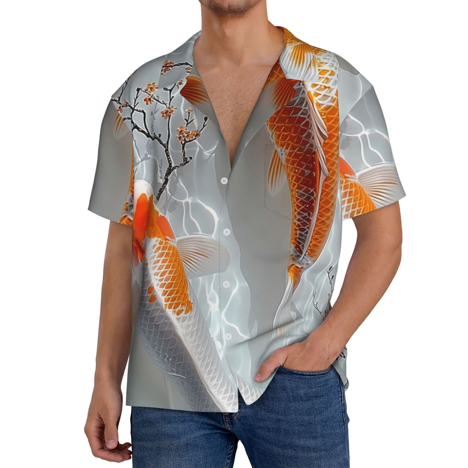 Xecao Koi Fish Water Men's Casual Short-sleeved Shirt, a button-up ...