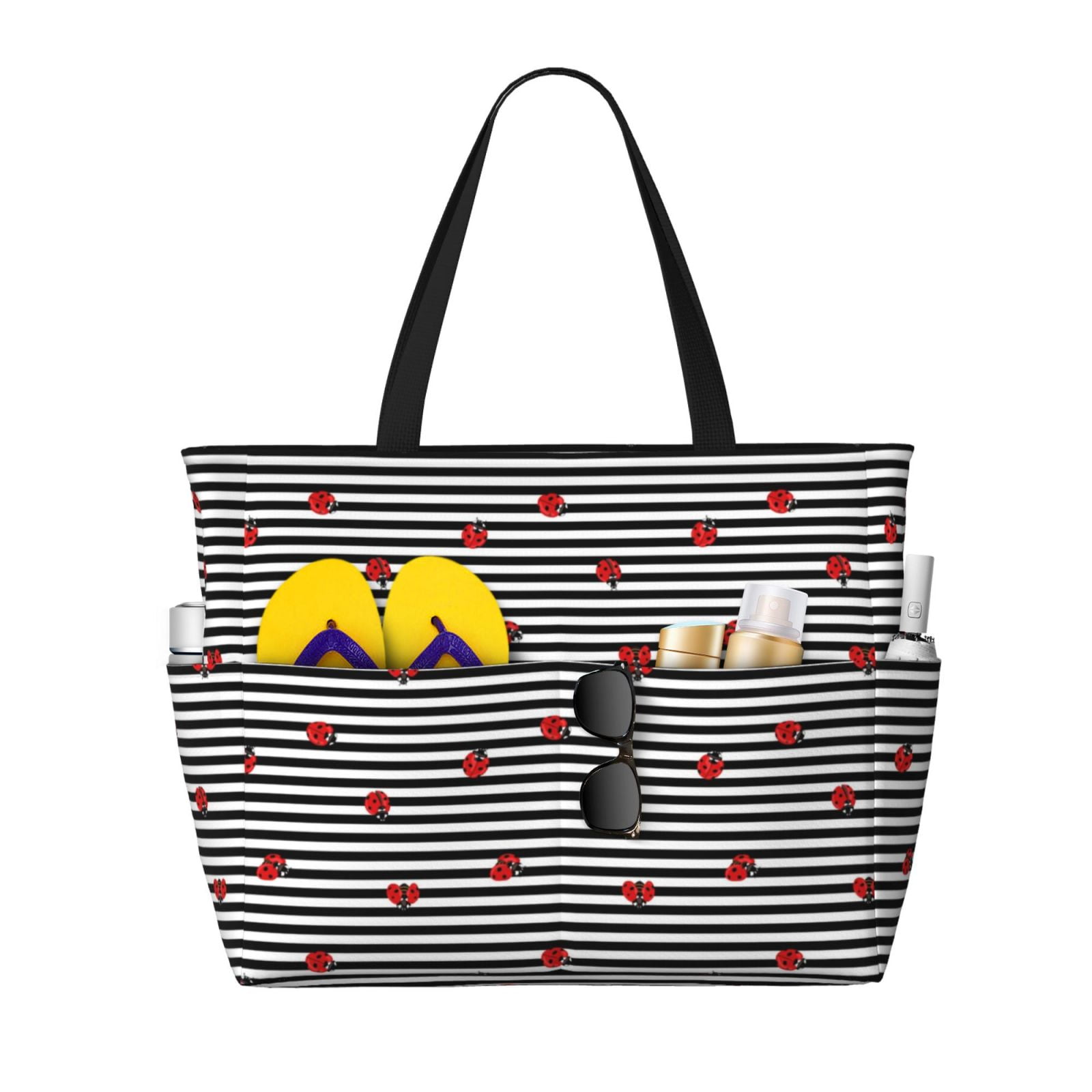 Xecao Ladybugs on Black and White Striped for versatile beach bag for ...