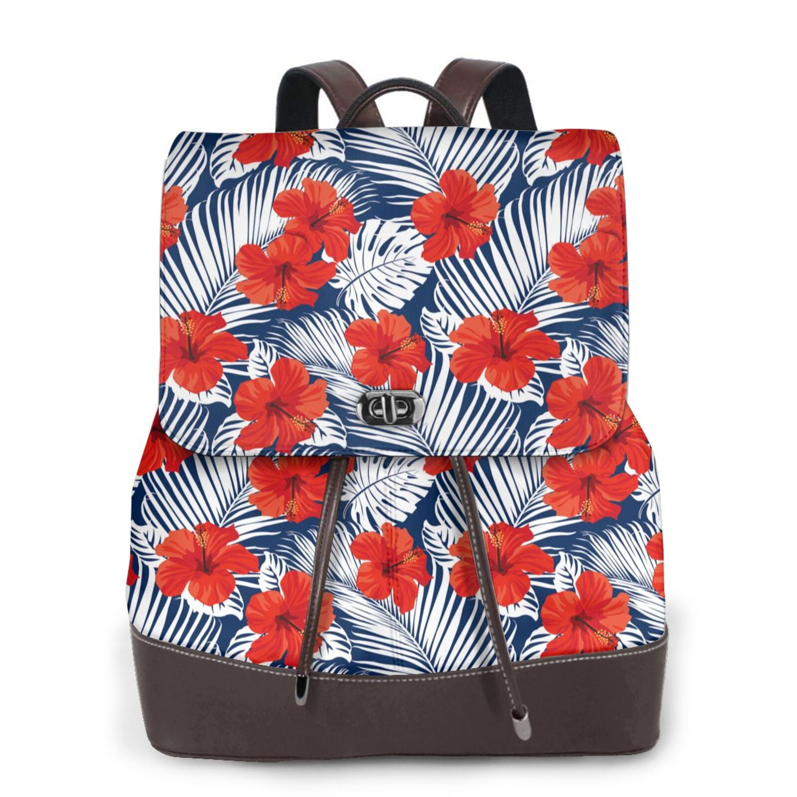 Xecao Leaves And Flowers Print Large Backpack Soft Leather for Women ...