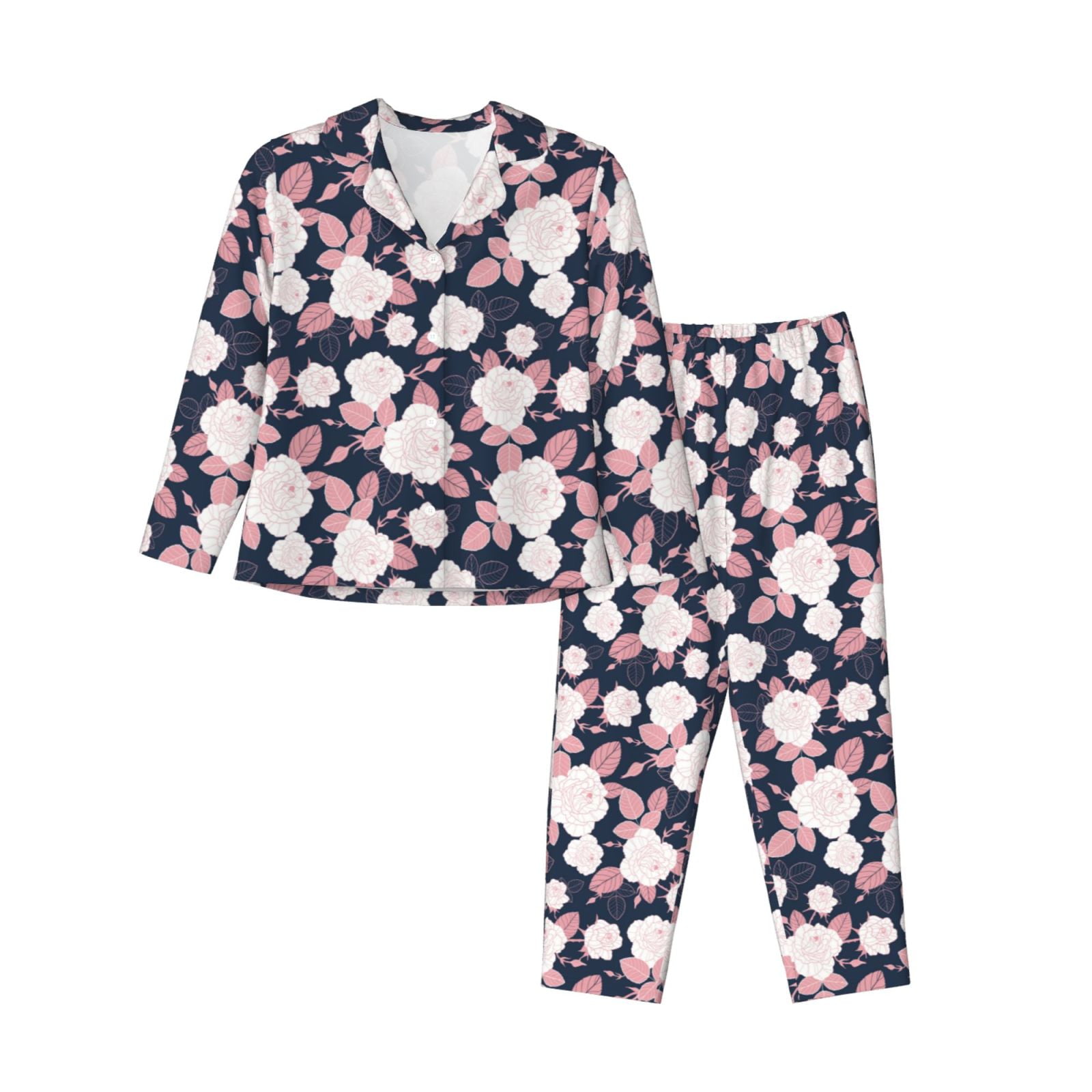 Xecao Leaves Flower Print Women Pajamas Set Soft Sleepwear Pjs long ...