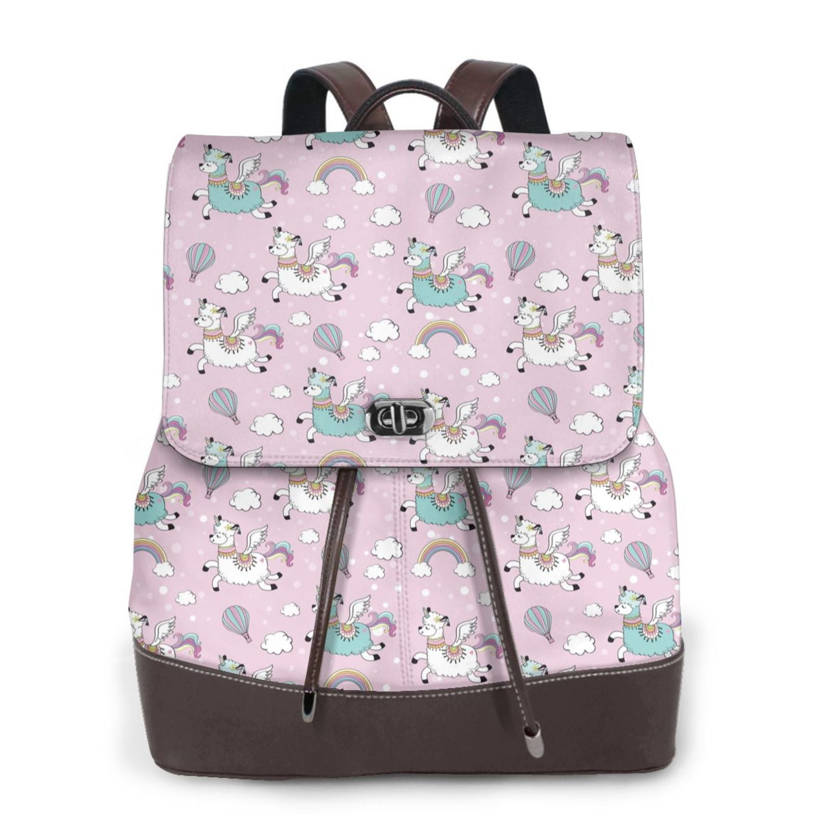 Xecao Llama Unicorn and Rainbow Print Large Backpack Soft Leather for ...