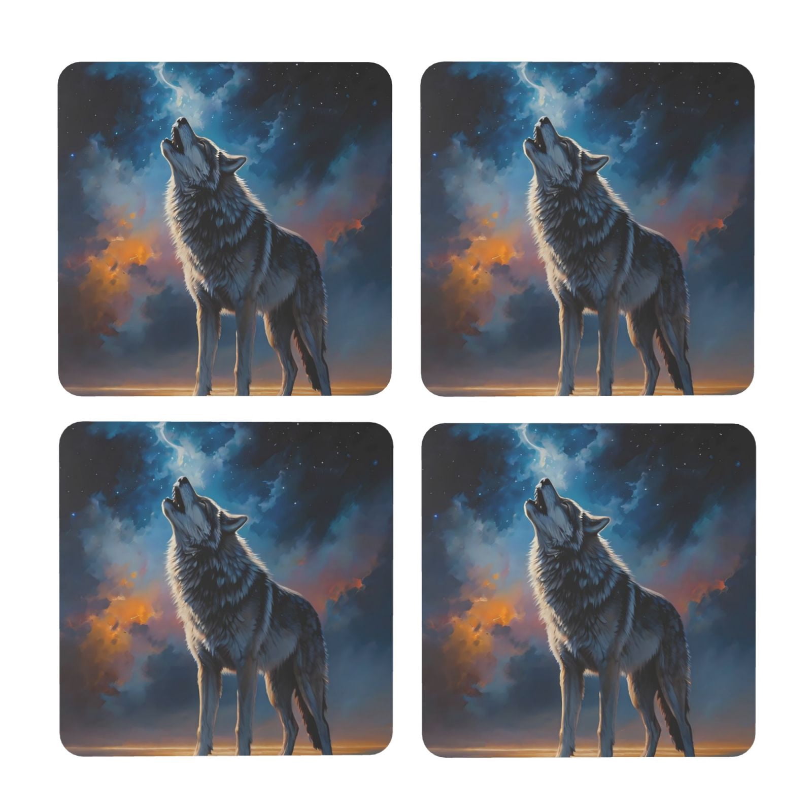 Xecao Lonely Night Sky Wolf for MDF Cork Coaster 4 Pcs,Drink Coasters ...