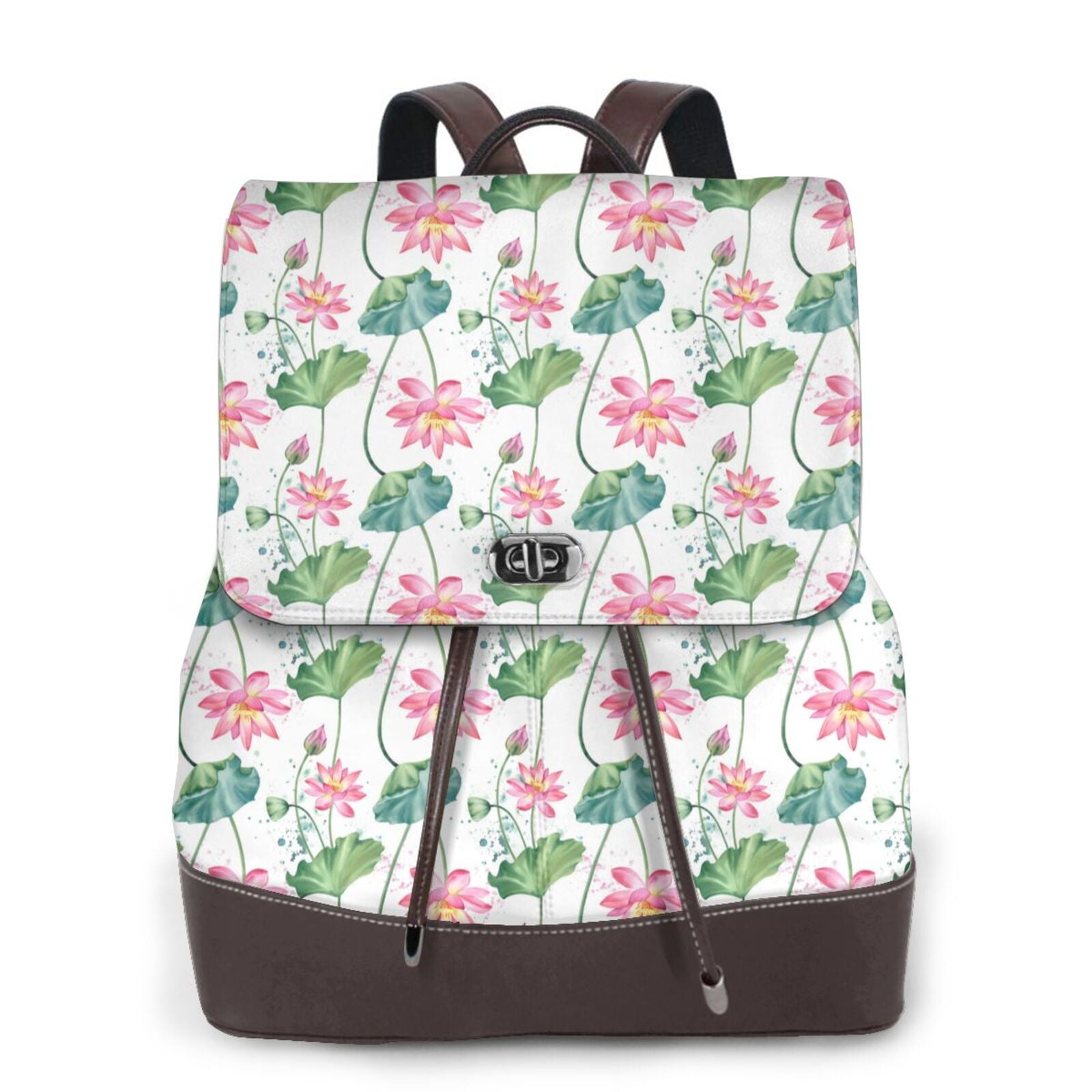 Xecao Lotus Flower Print Large Backpack Soft Leather for Women Travel ...
