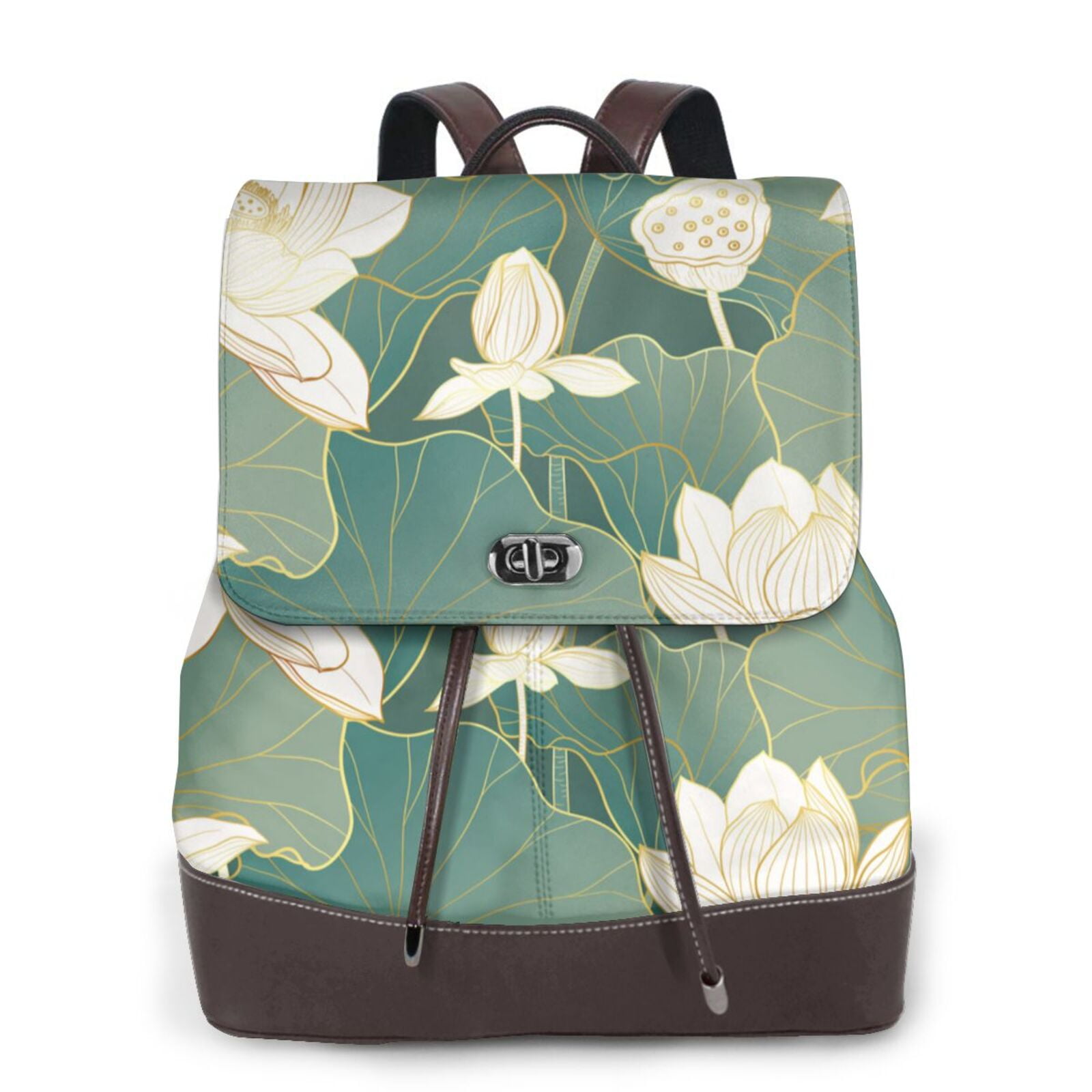 Xecao Lotus Golden Line Print Large Backpack Soft Leather for Women ...