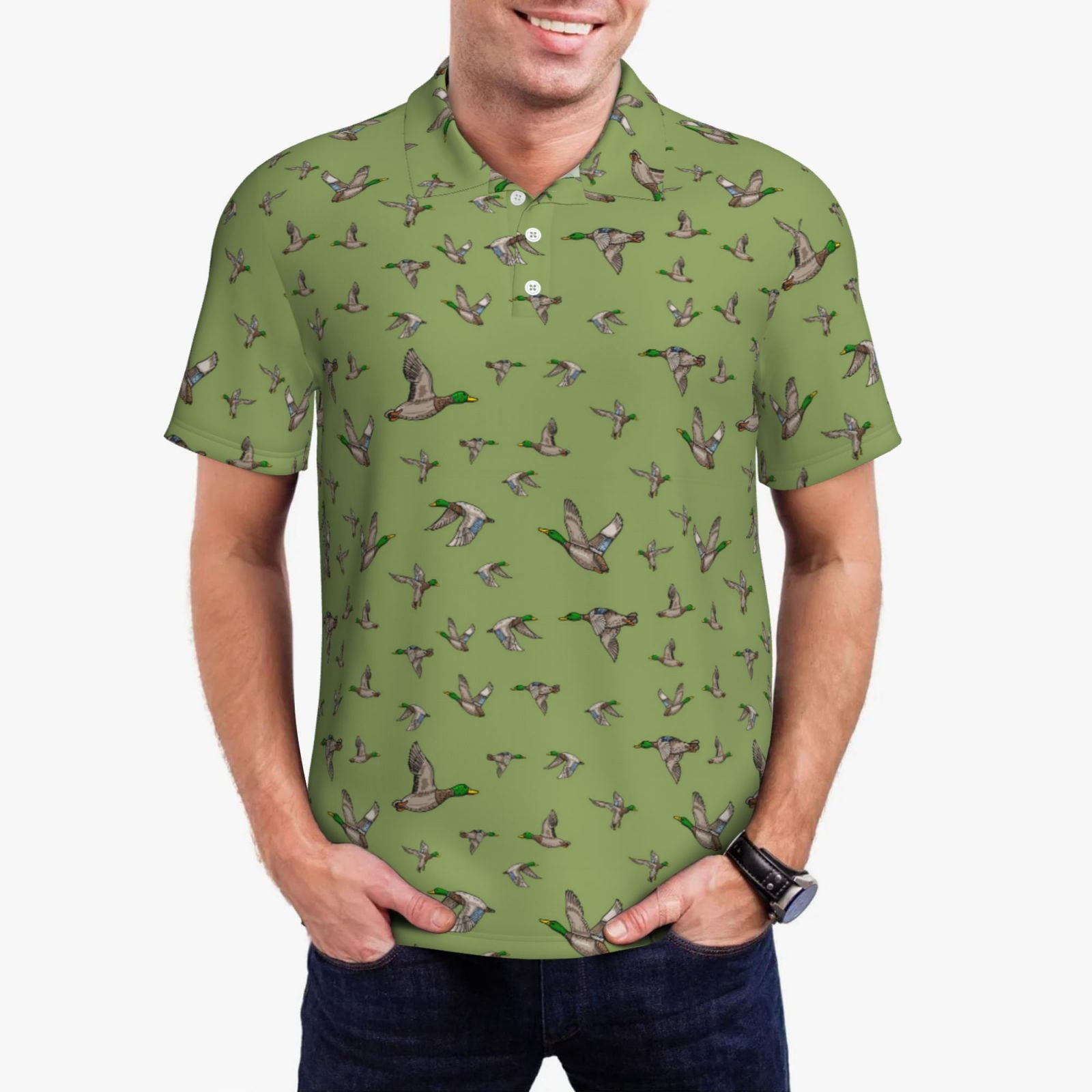 Xecao Mallard Duck Mens' Casual Short Sleeve Button-Down Polo Shirts for a Classic Golf Shirts ...