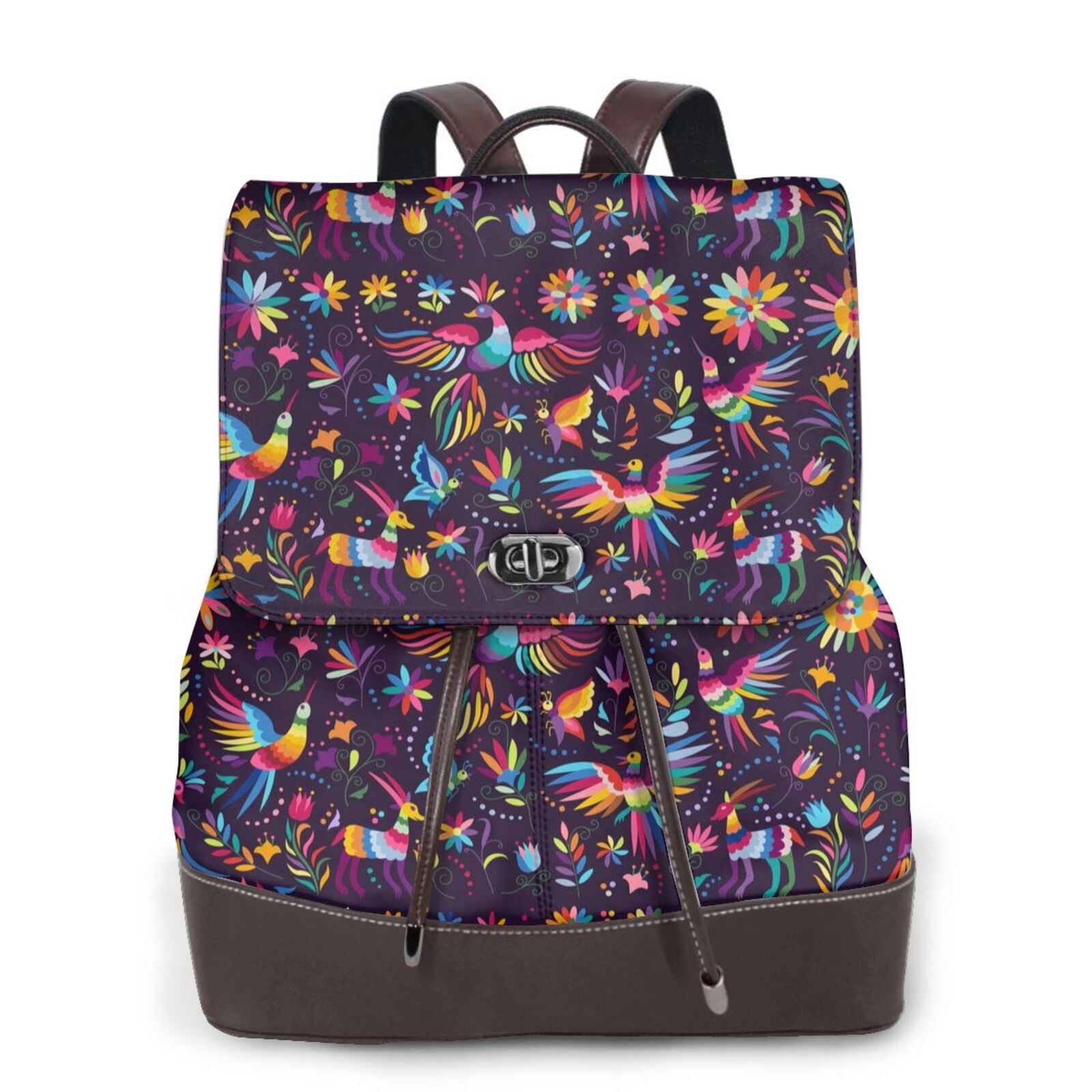 Xecao Mexican Flowers Birds Print Large Backpack Soft Leather for Women ...