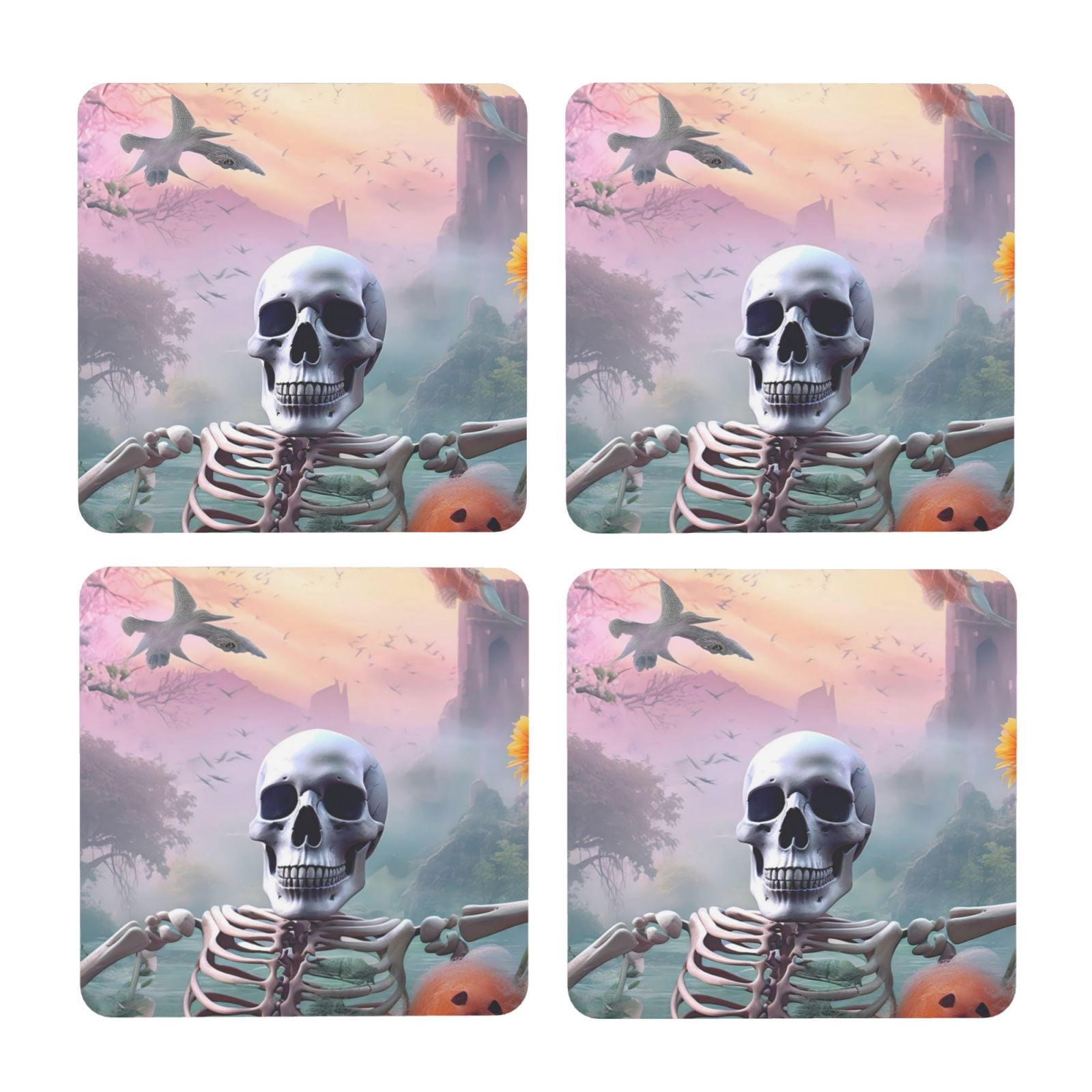 Xecao Mist Sunflower Skull for MDF Cork Coaster 4 Pcs,Drink Coasters ...