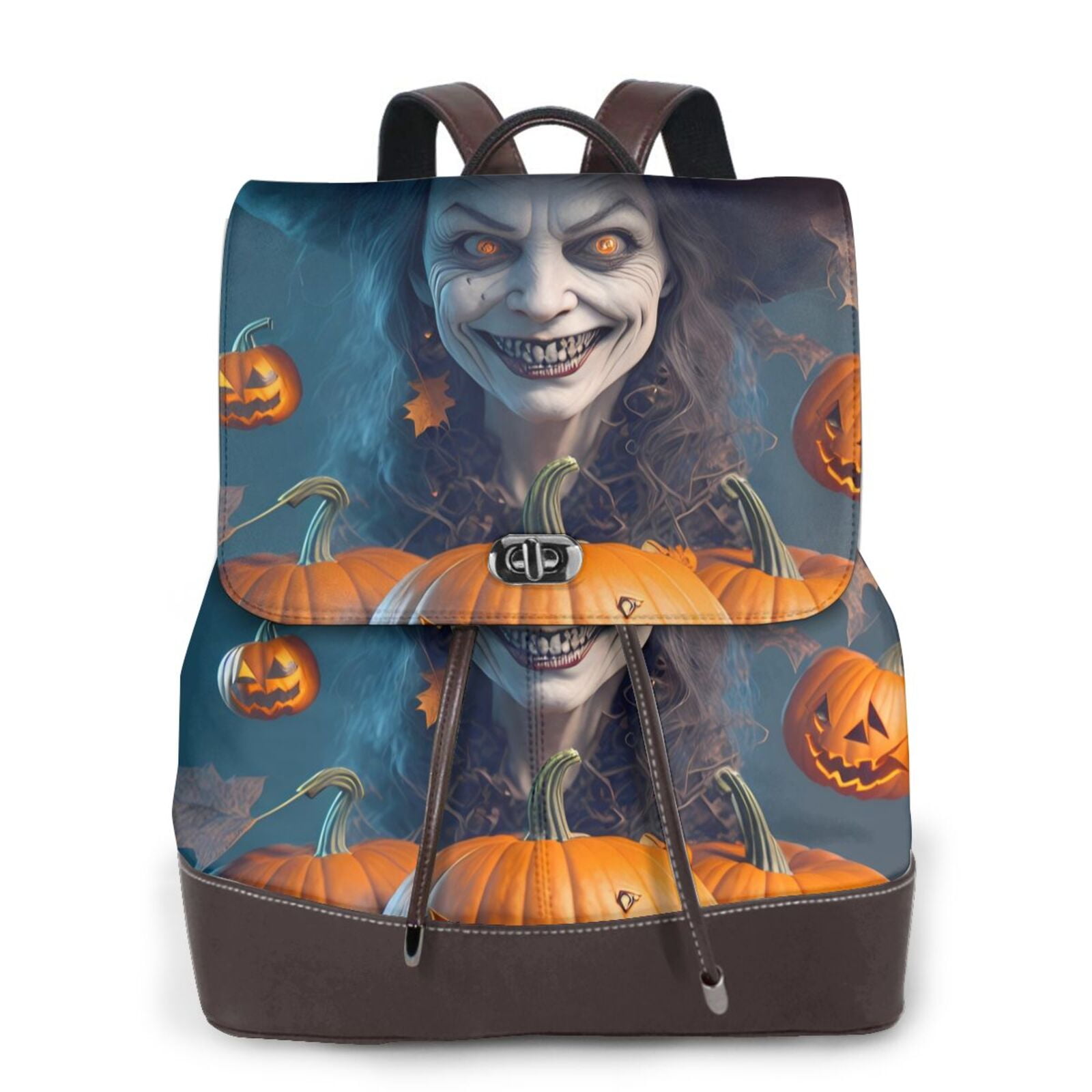 Xecao Modern Style Pumpkin Witch Print Large Backpack Soft Leather for ...