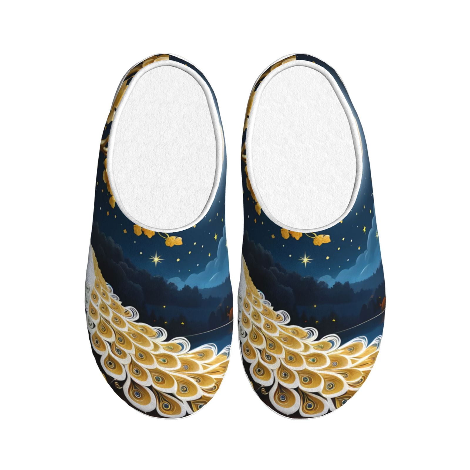 Xecao Moonlit Golden Tree Peacock Print Cotton Slippers Fuzzy Warm Cozy ...