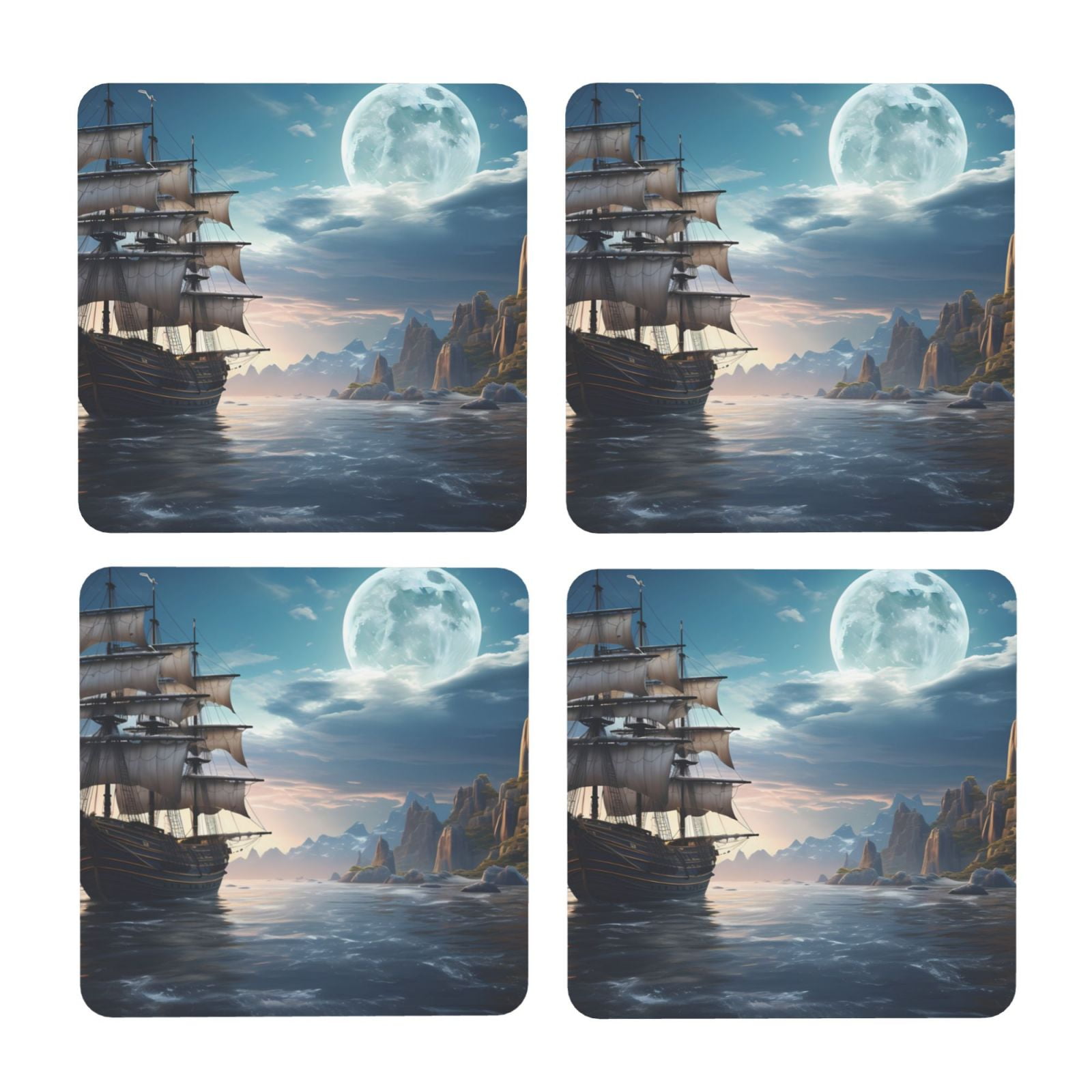 Xecao Moonlit Sea Sailboat for MDF Cork Coaster 4 Pcs,Drink Coasters ...
