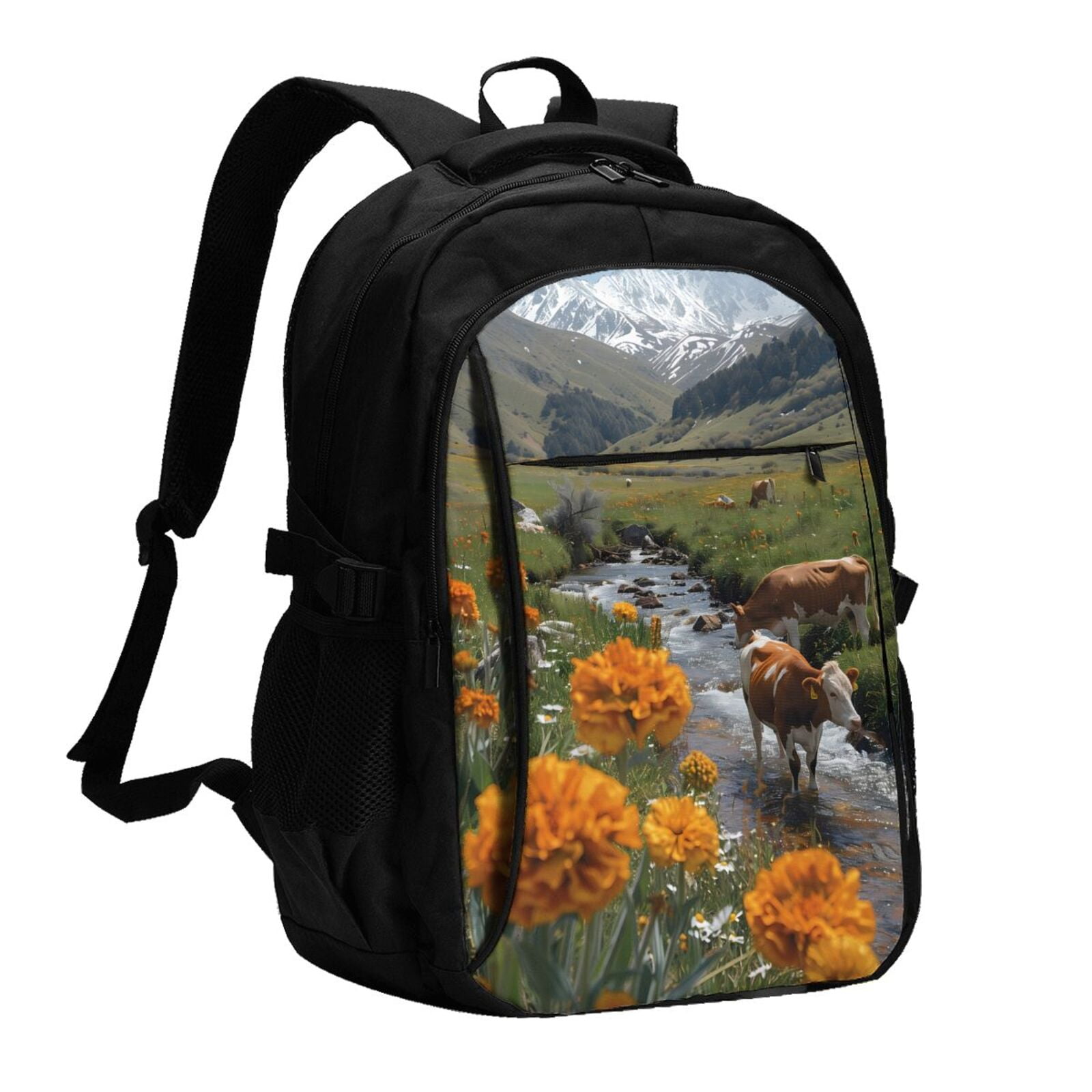 Xecao Mountain Cows Flower Stream for Travel Laptop Backpack, USB-Charging-Enabled, Spacious ...