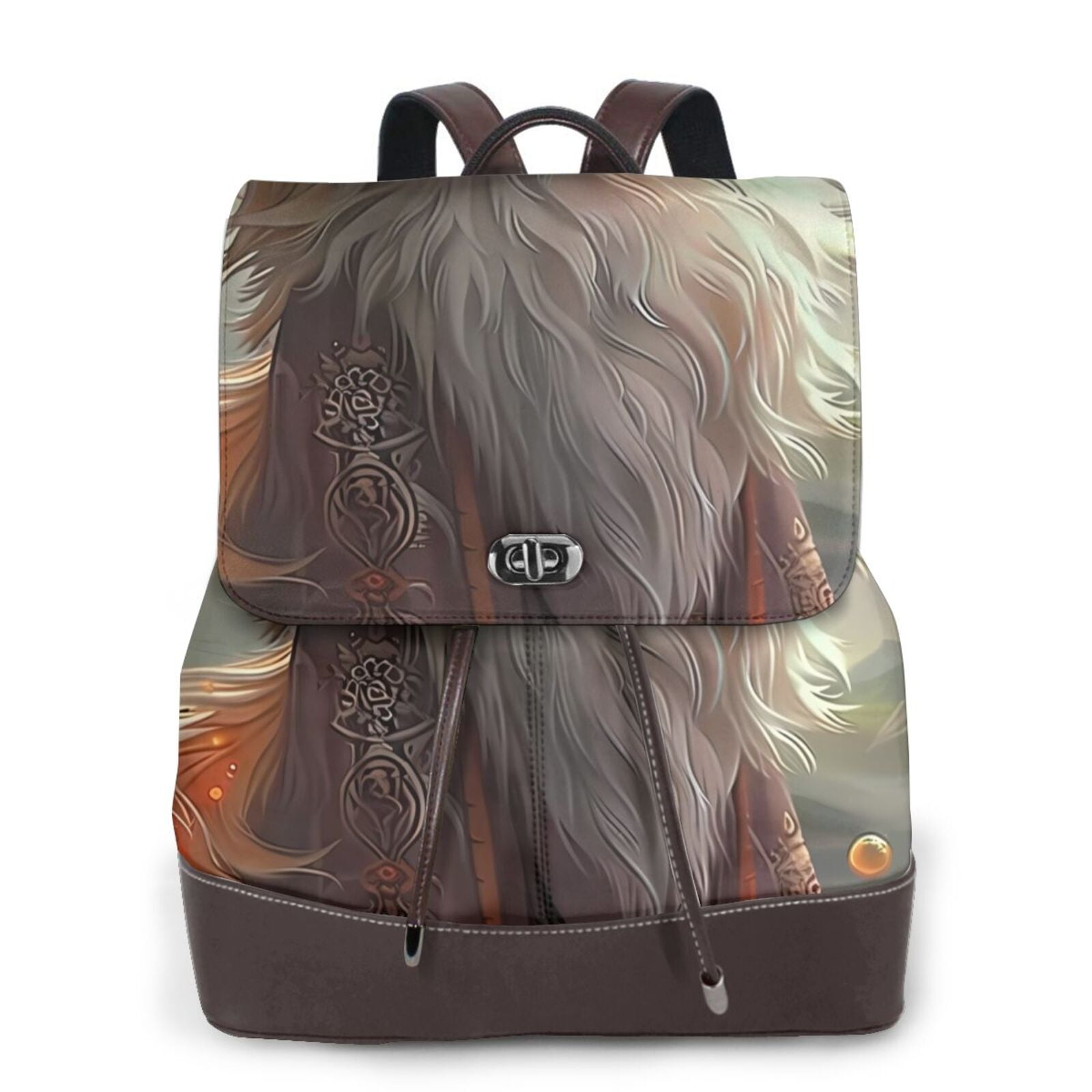 Xecao Mystic Fox With Halo Print Large Backpack Soft Leather for Women ...