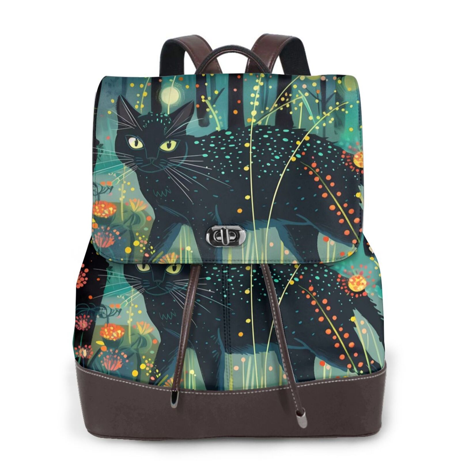 Xecao Mystical Black Cat Fireflies Print Large Backpack Soft Leather ...