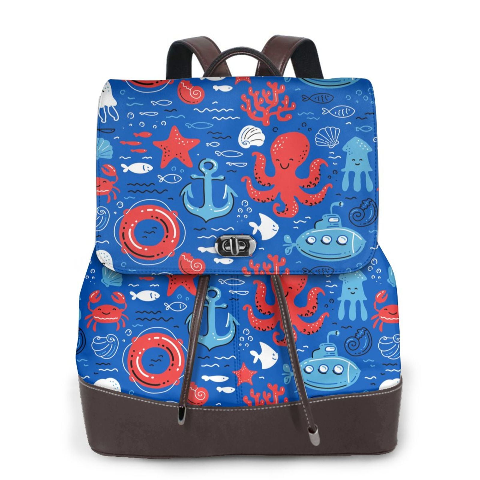 Xecao Nautical Animals Print Large Backpack Soft Leather for Women ...